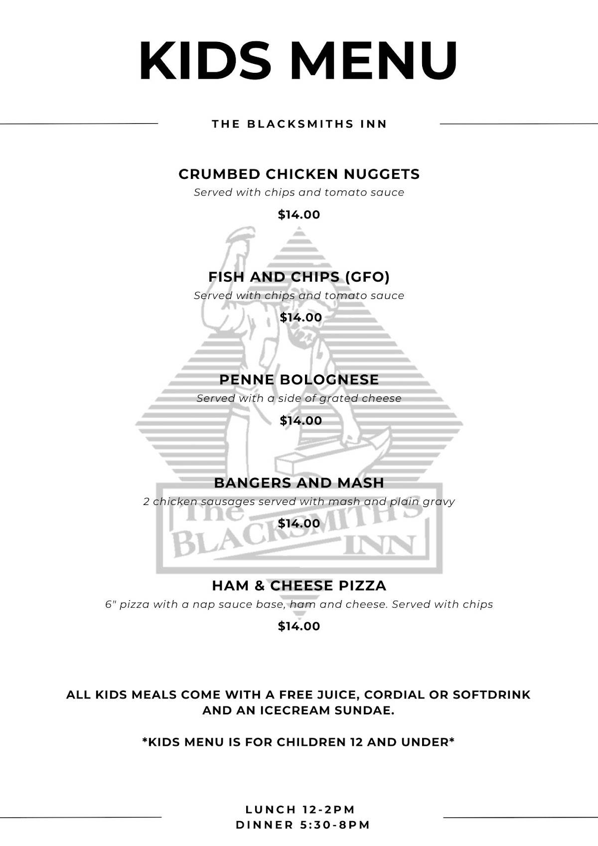 Menu at The Blacksmith's Inn restaurant, One Tree Hill