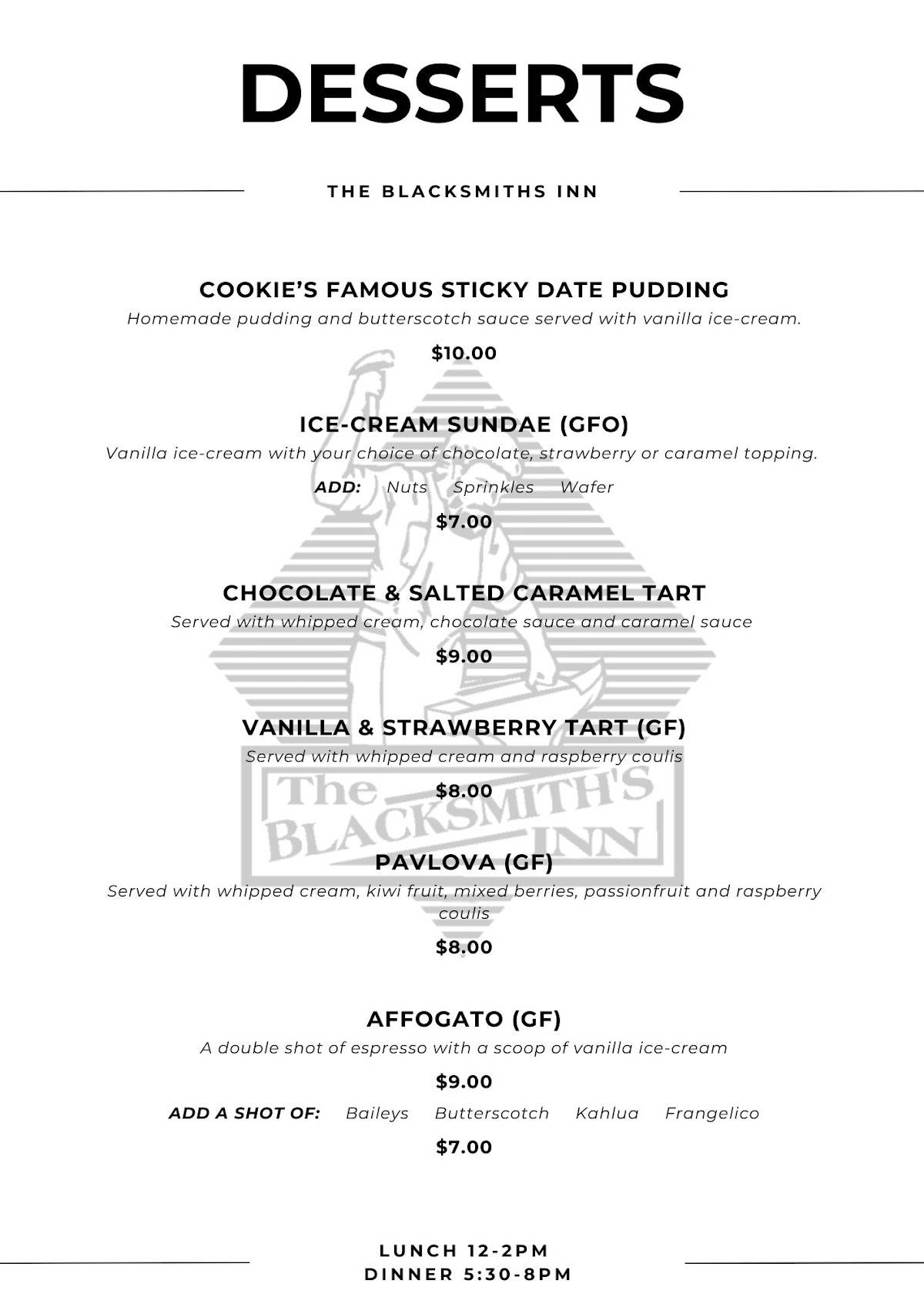Menu at The Blacksmith's Inn restaurant, One Tree Hill