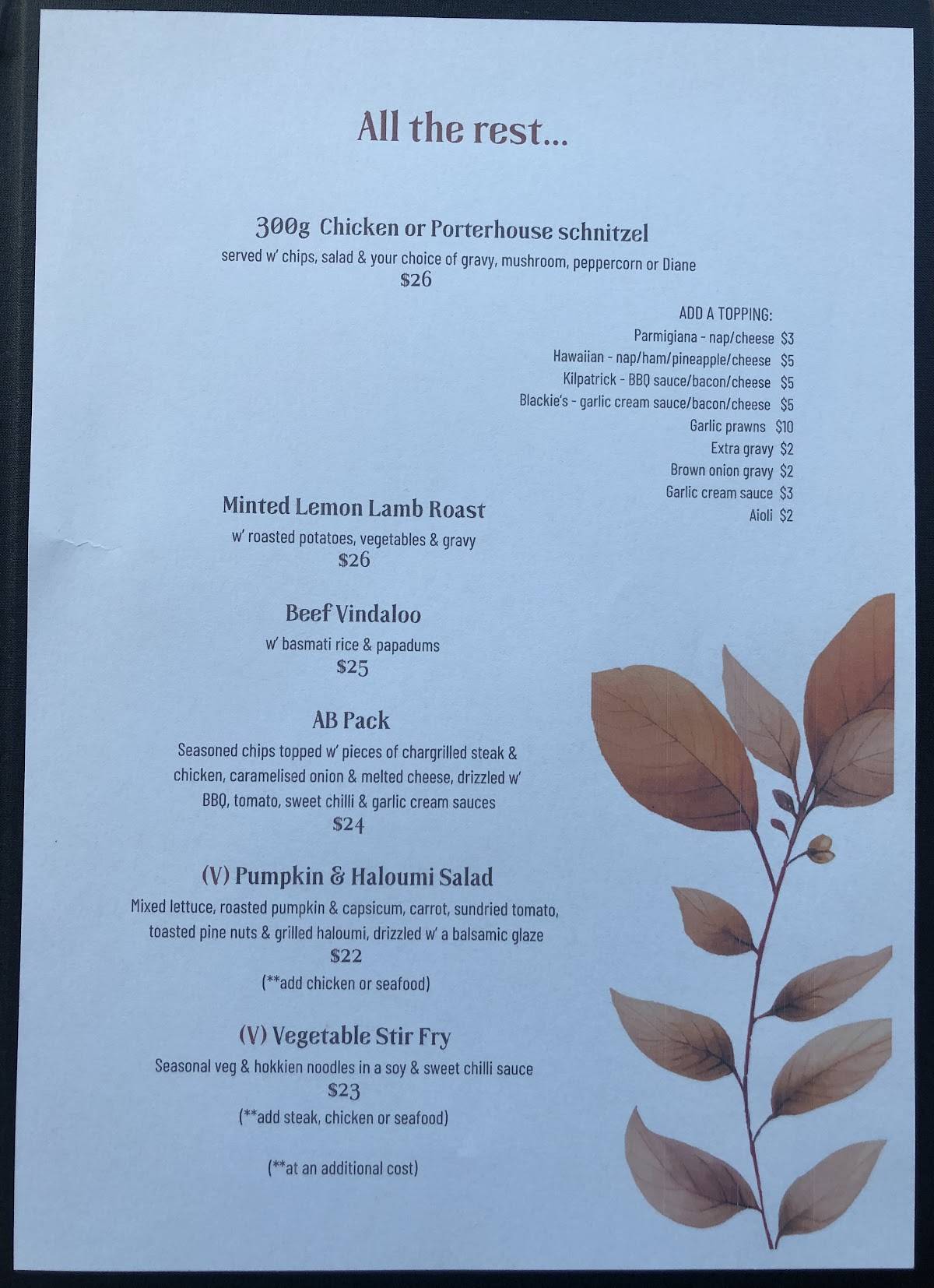 Menu at The Blacksmith's Inn restaurant, One Tree Hill