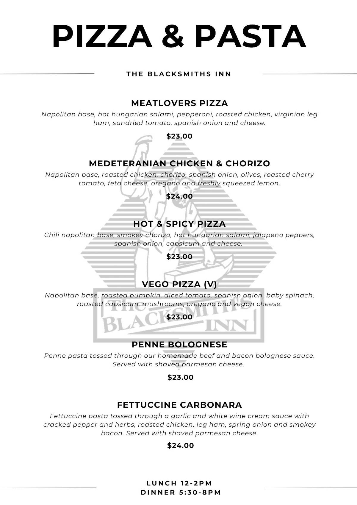 Menu at The Blacksmith's Inn restaurant, One Tree Hill
