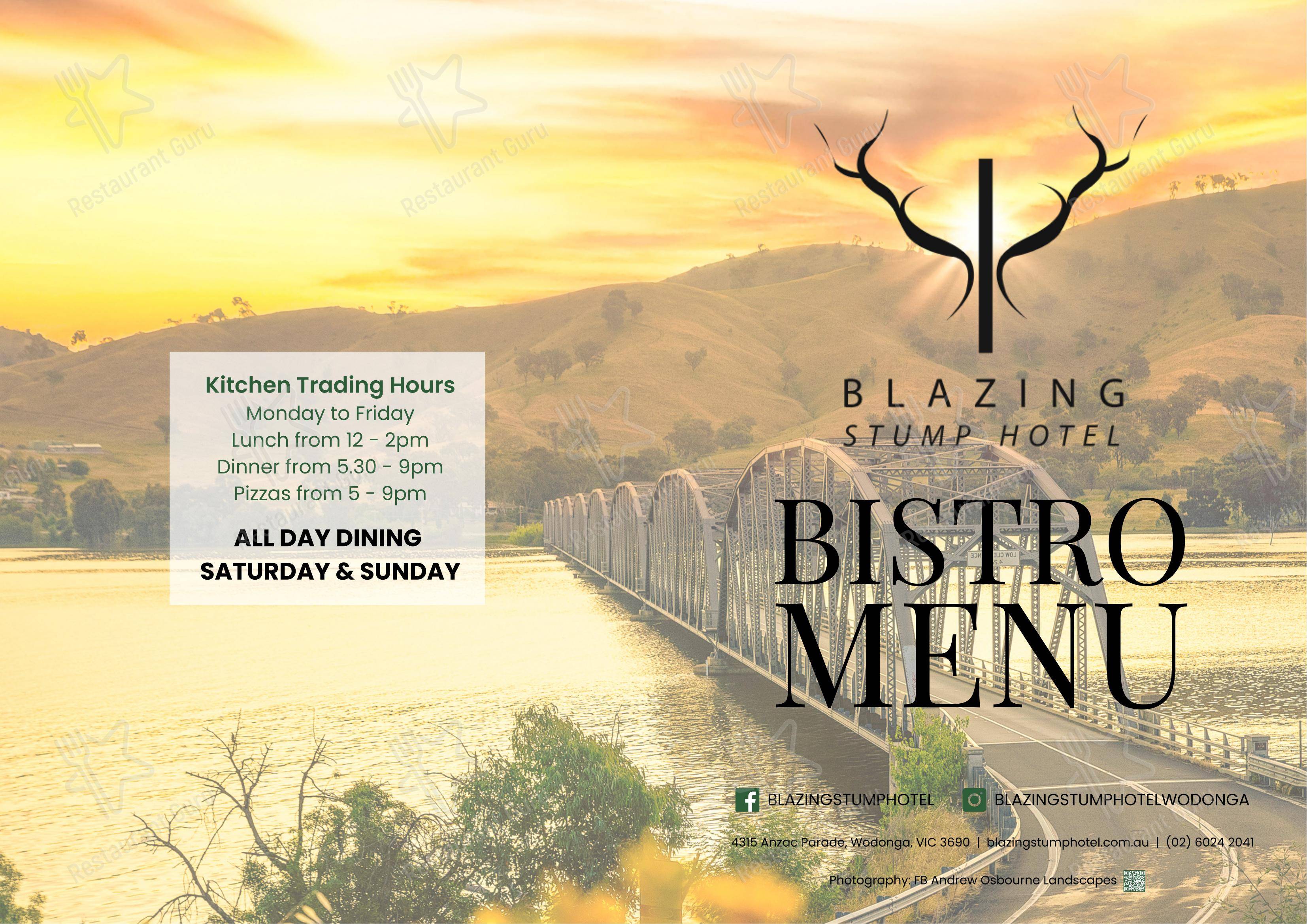 Menu at The Blazing Stump Hotel pub & bar, Wodonga, Anzac Parade