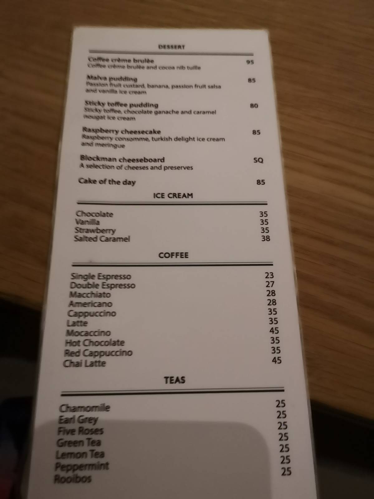 Menu at The Blockman restaurant, Randburg