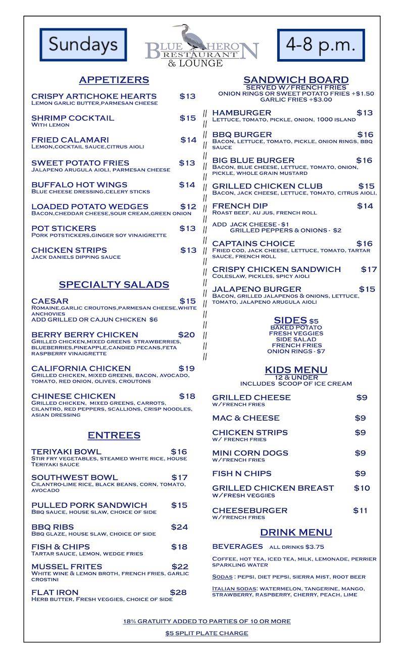 Menu at The Blue Heron Restaurant & Lounge, Yosemite Lakes