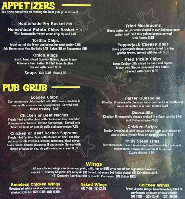 Menu at The Blue Shamrock Pub, St. Louis