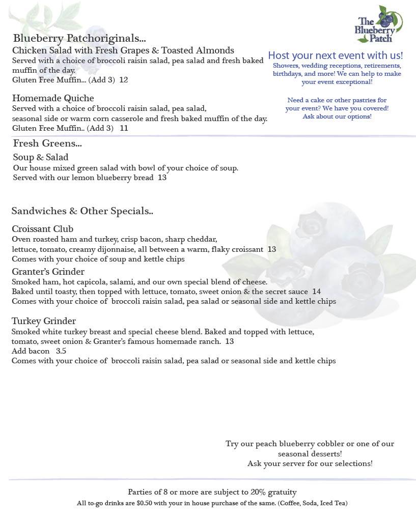 Menu at The Blueberry Patch cafe, Mansfield
