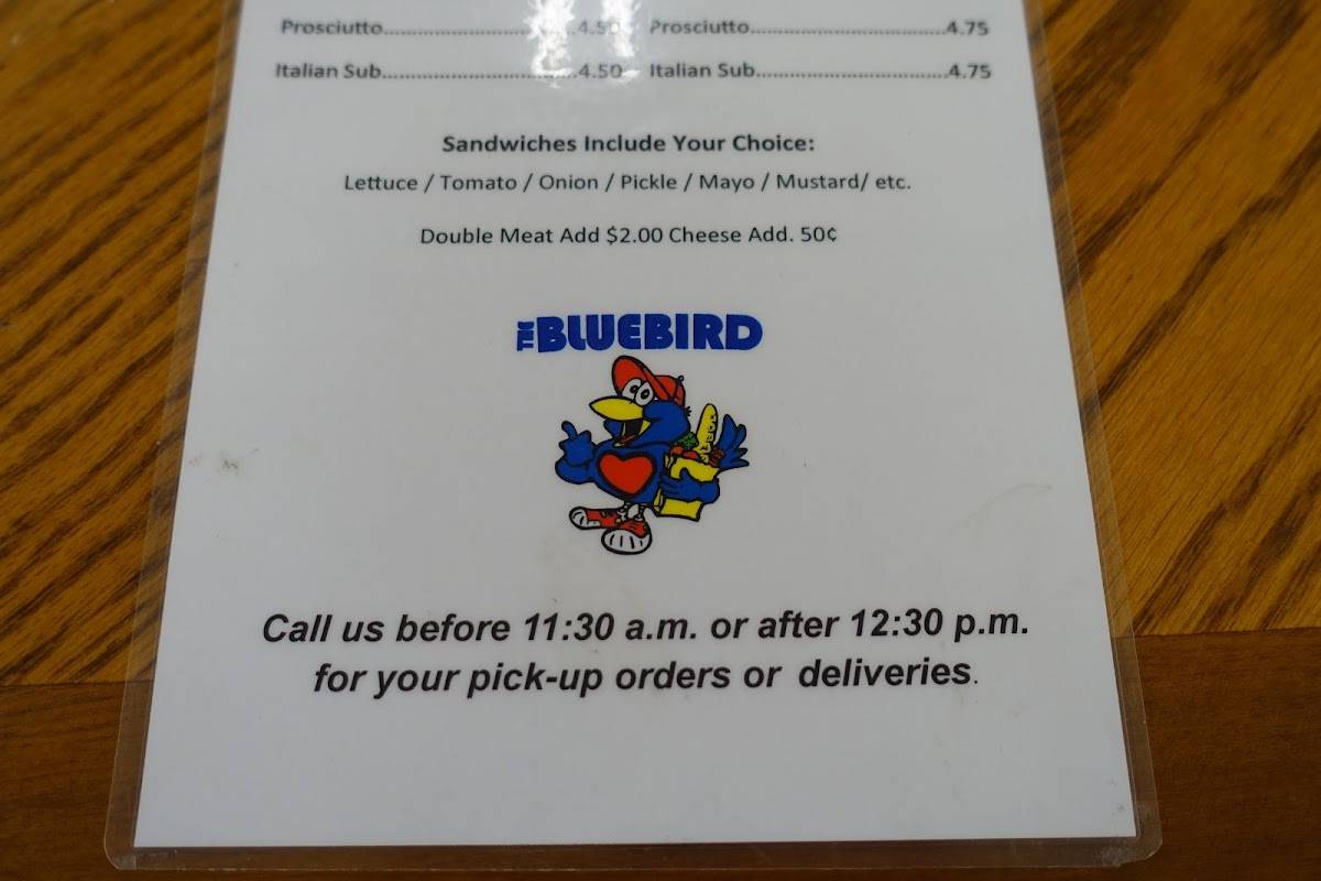 Menu at The Bluebird restaurant, Clarksburg