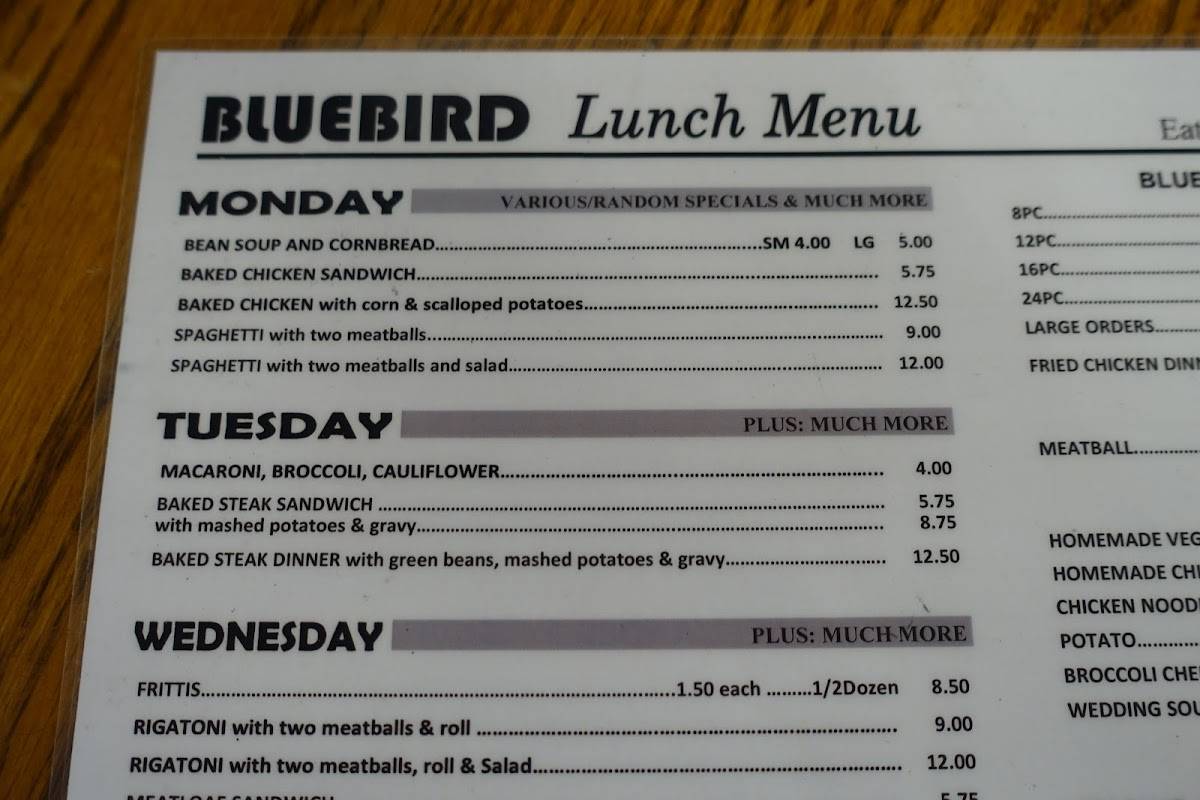 Menu at The Bluebird restaurant, Clarksburg