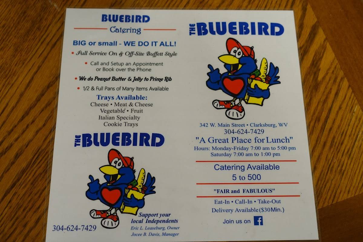 Menu at The Bluebird restaurant, Clarksburg