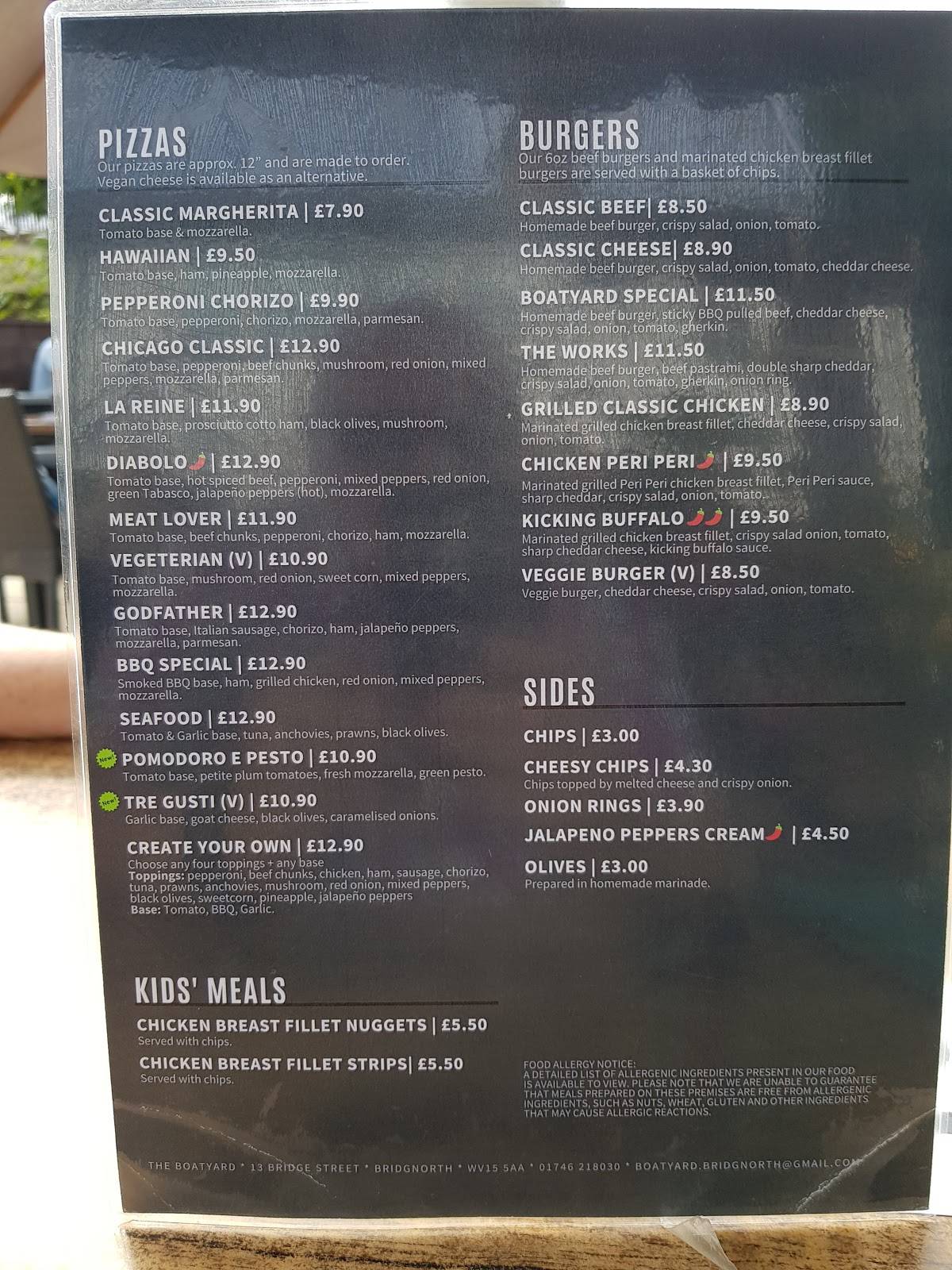 Menu at The Boatyard restaurant, Bridgnorth