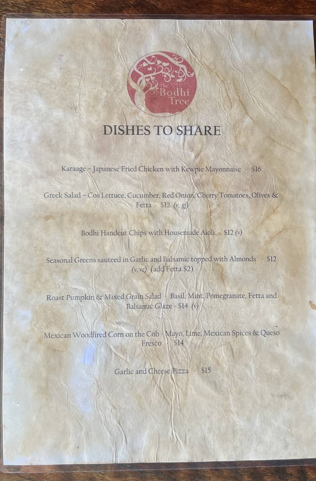 Menu at The Bodhi Tree Restaurant, Healesville