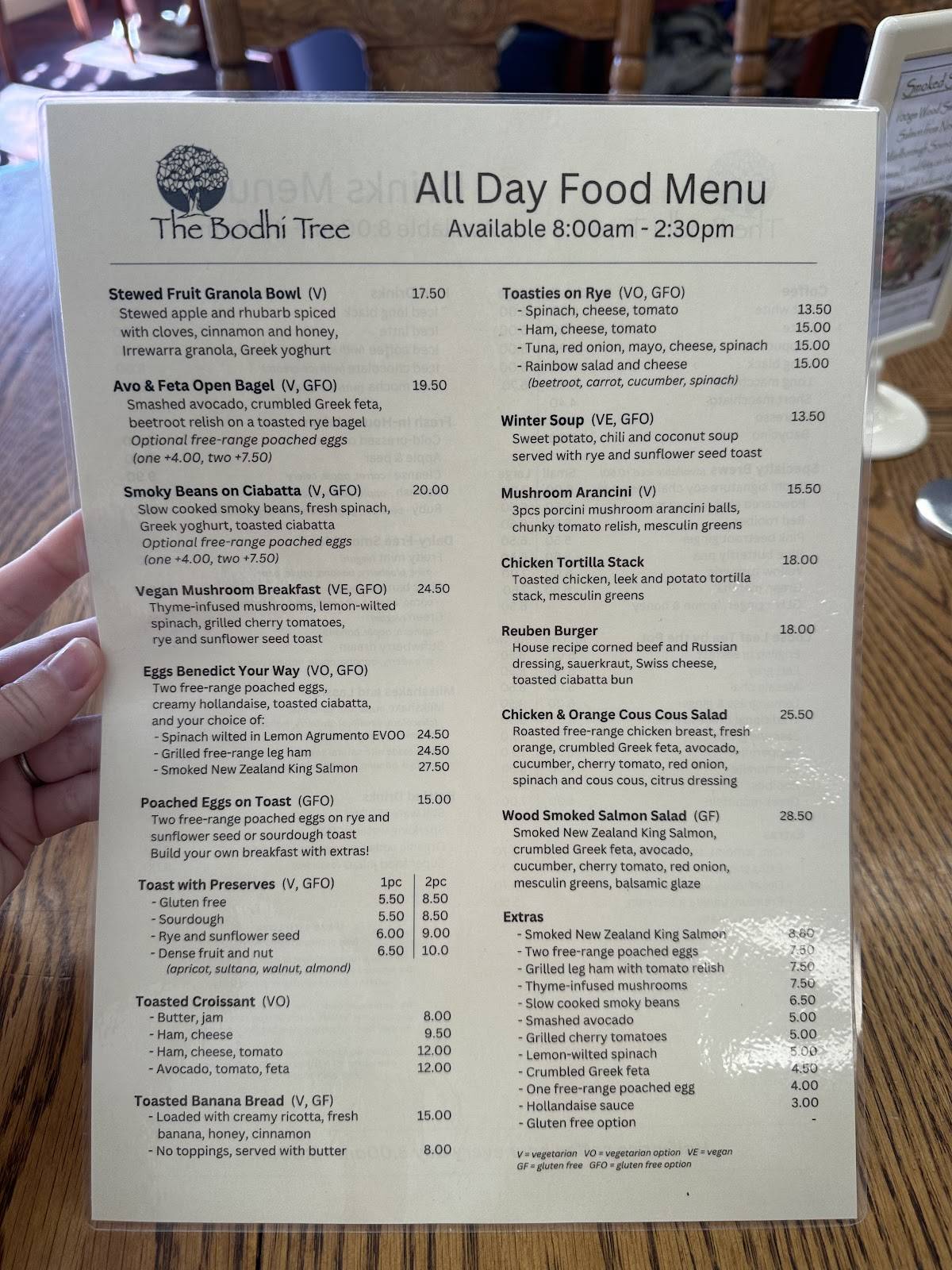 Menu at The Bodhi Tree cafe, Mount Hawthorn