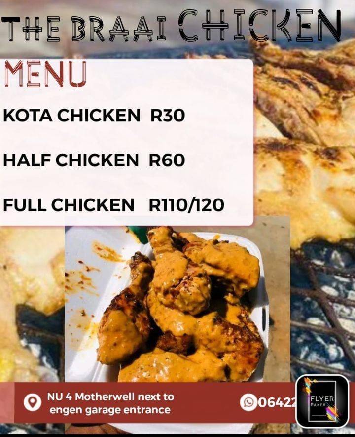 Menu at The Braai Chicken restaurant, South Africa