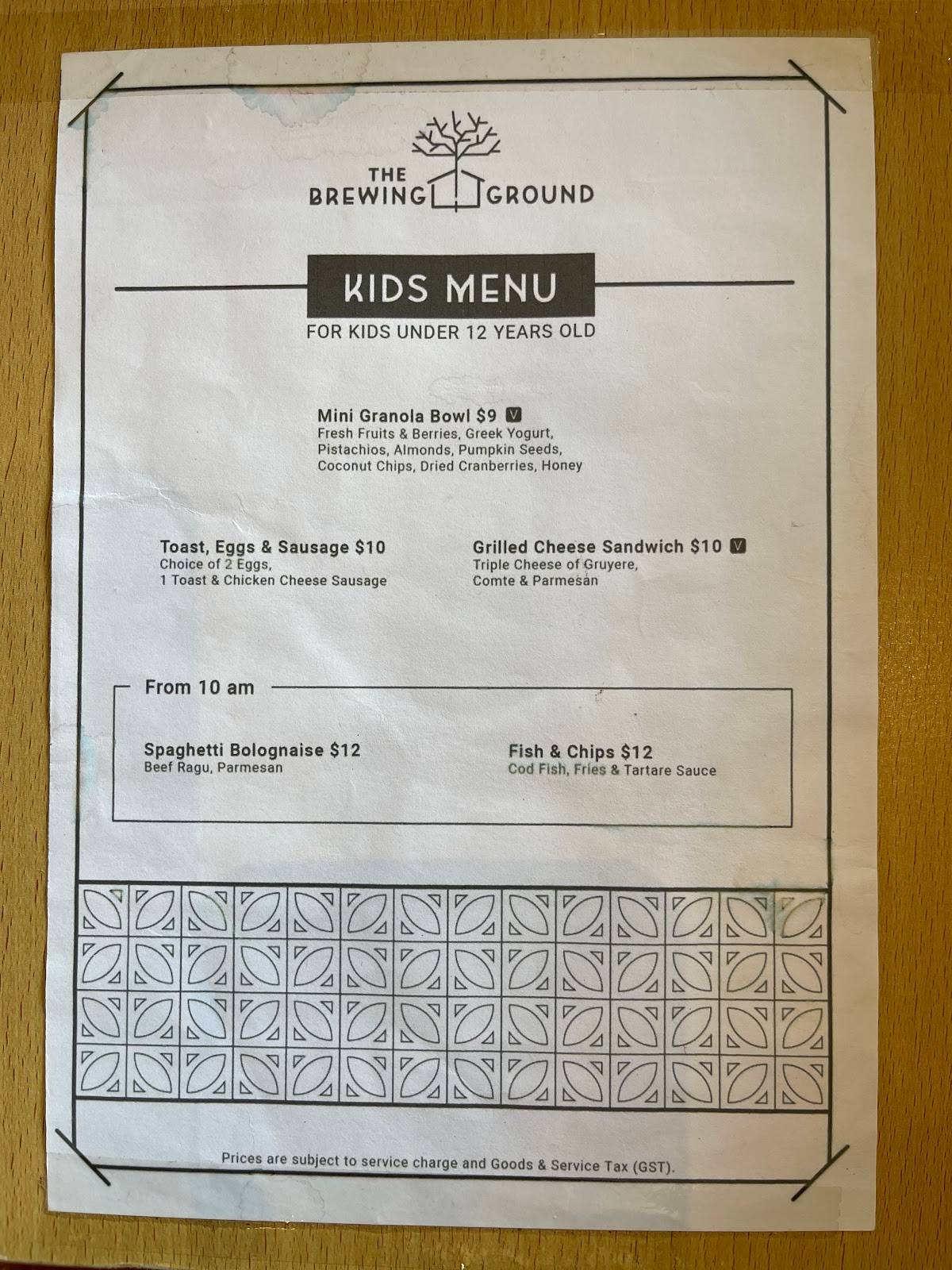 Menu at The Brewing Ground cafe, Singapore