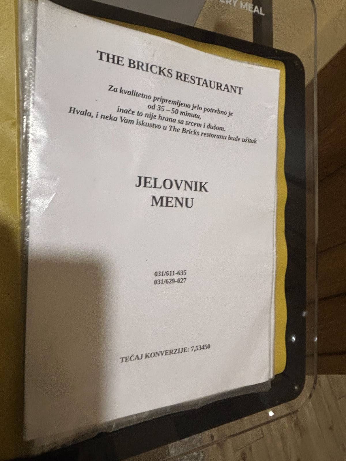 Menu at The Bricks restaurant, Našice