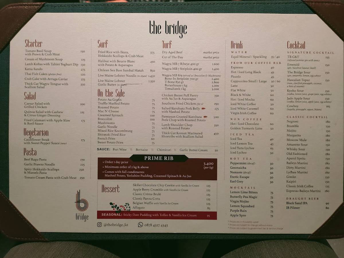 Menu at The Bridge by GDK restaurant, South Jakarta