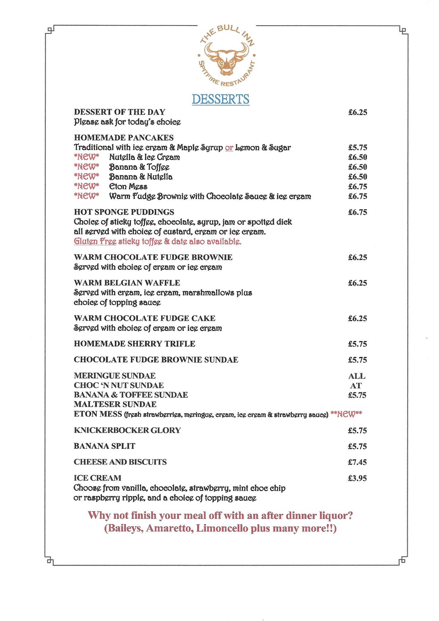 Menu at The Bull Inn pub & bar, Saint Leonards