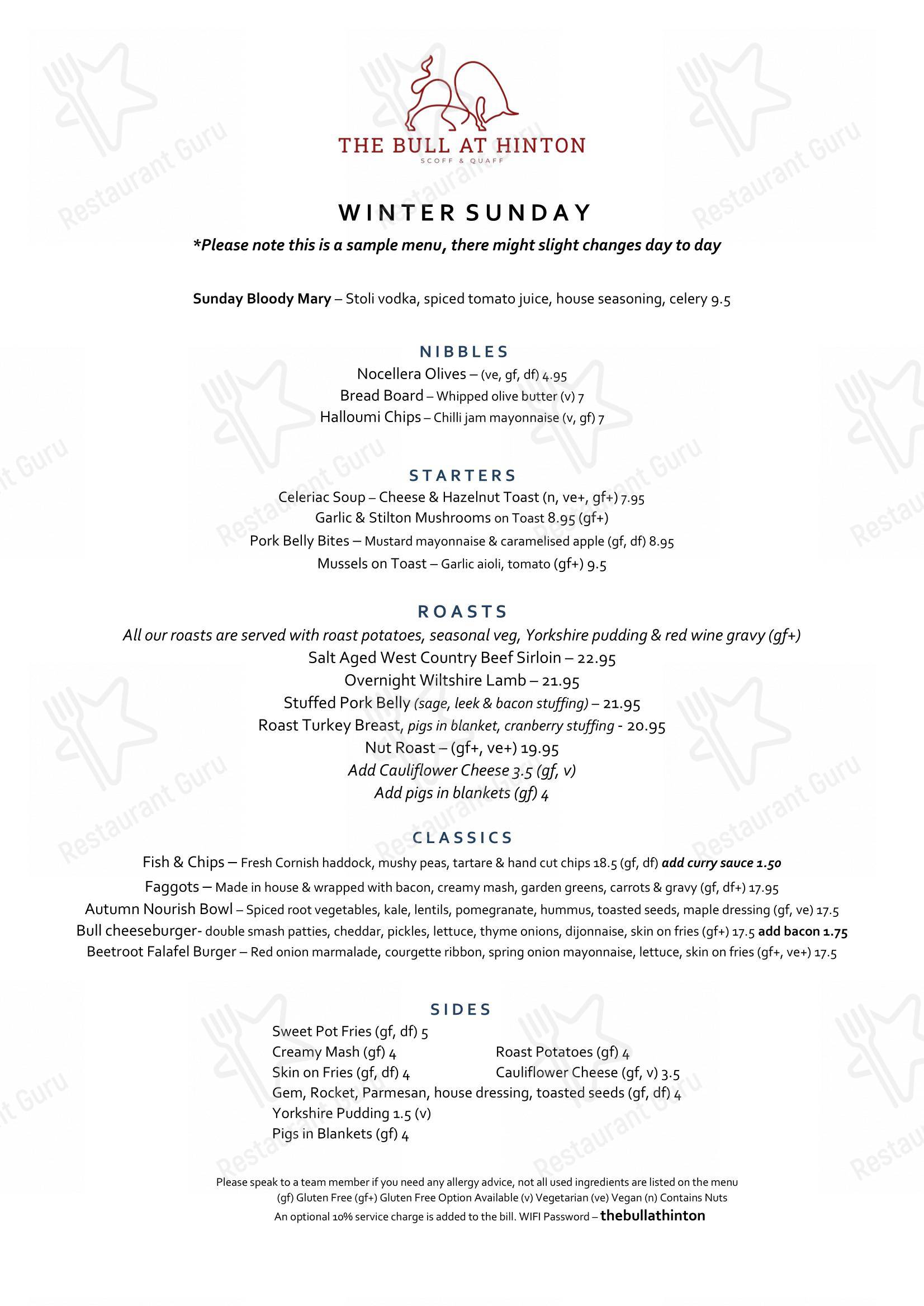 Menu at The Bull at Hinton pub & bar, Hinton, Pucklechurch Road