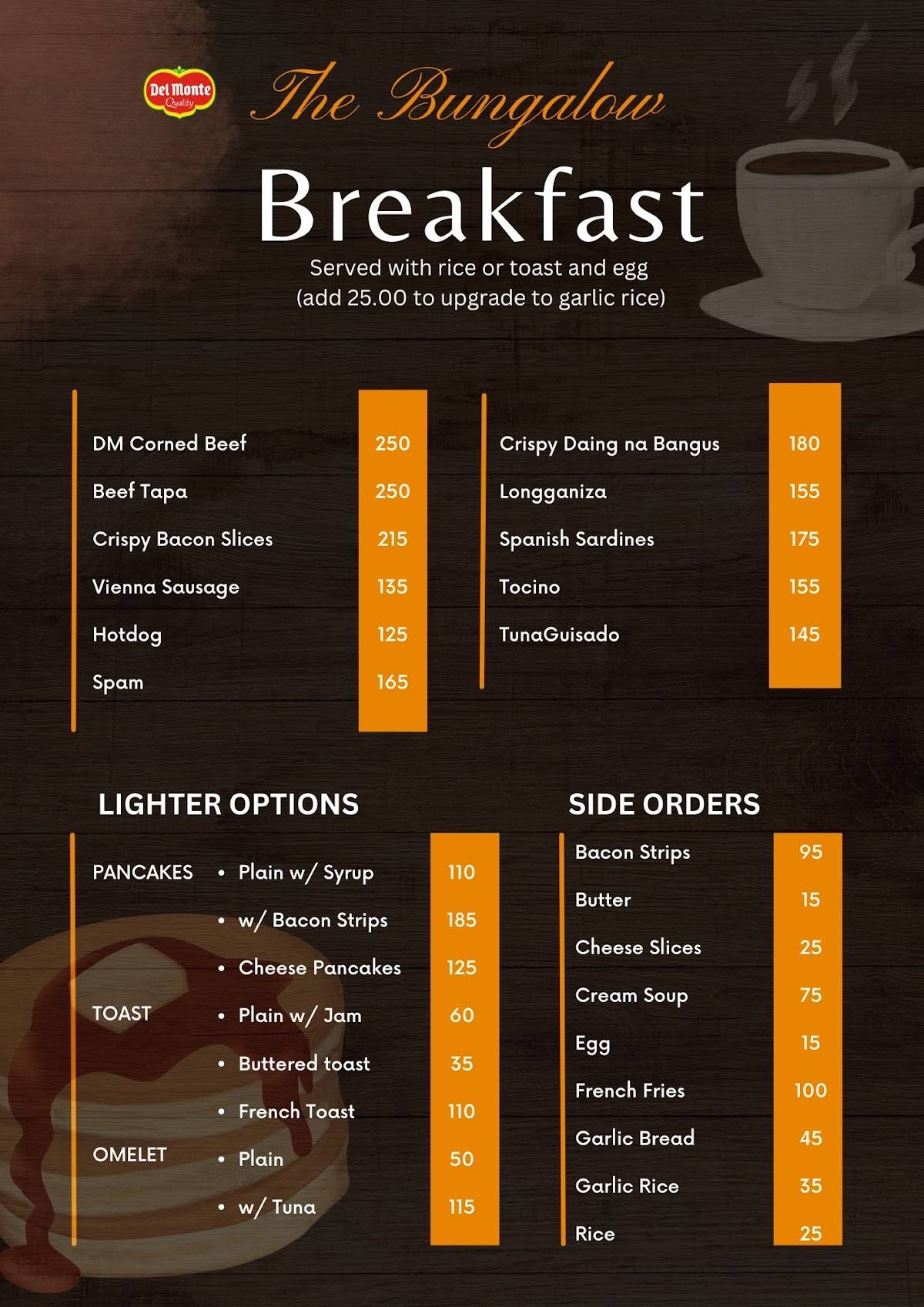 Menu at The Bungalow restaurant, Manolo Fortich