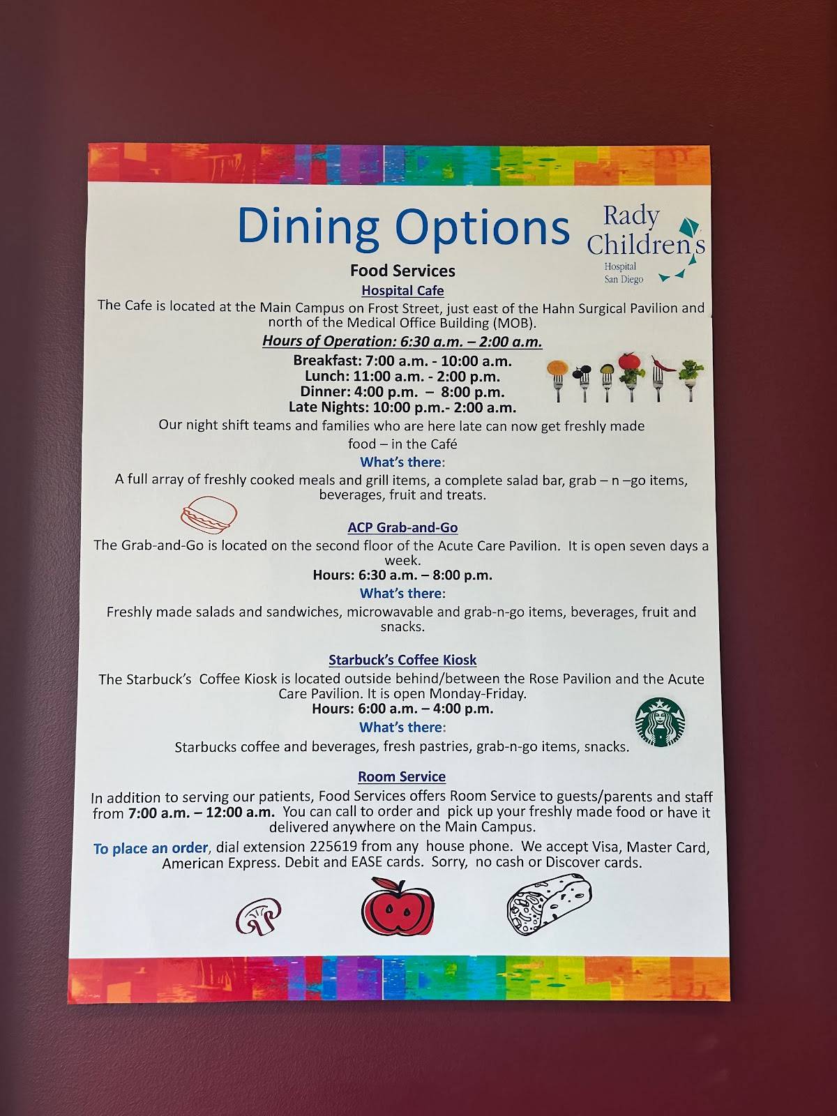 Menu at The Café at Rady Children’s Hospital restaurant, San Diego