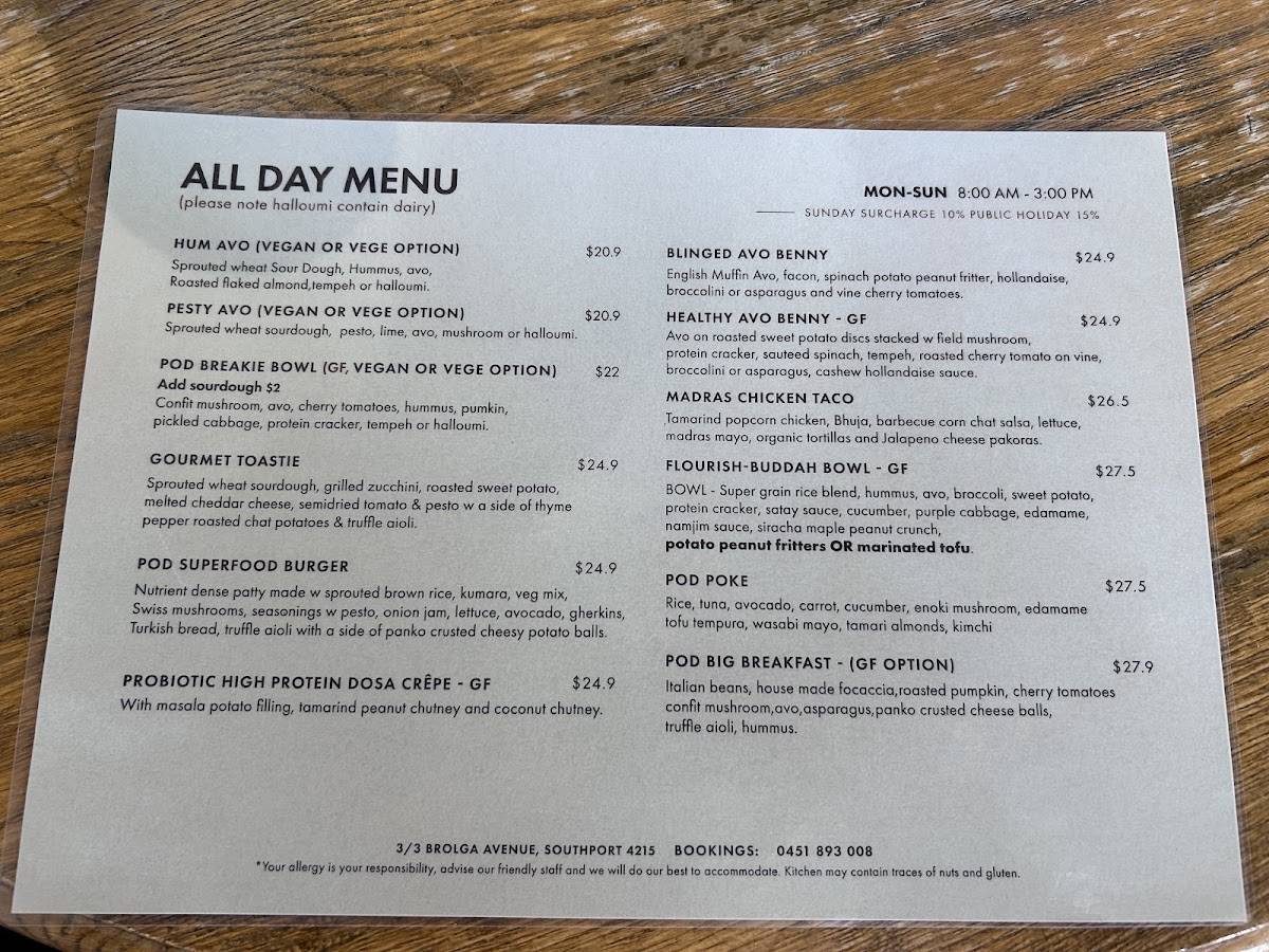 Menu at The Cardamom Pod cafe, Southport, 3/3 Brolga Ave