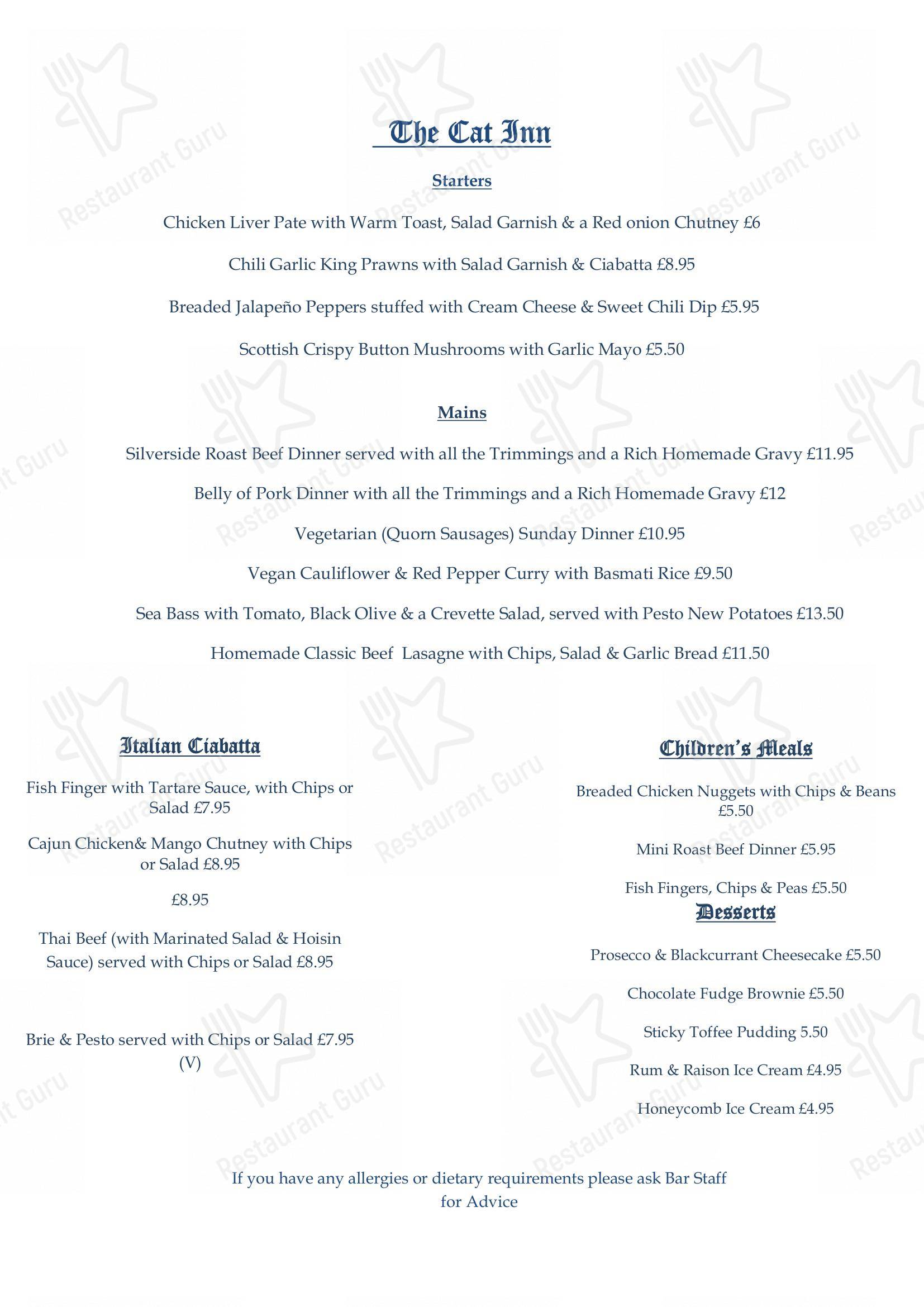 Menu at The Cat Inn pub & bar, Enville