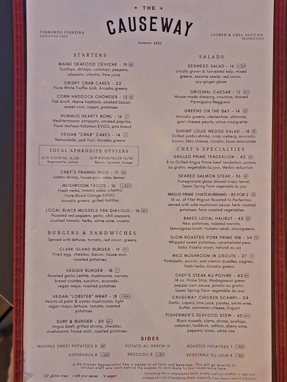 Menu at The Causeway restaurant, South Thomaston
