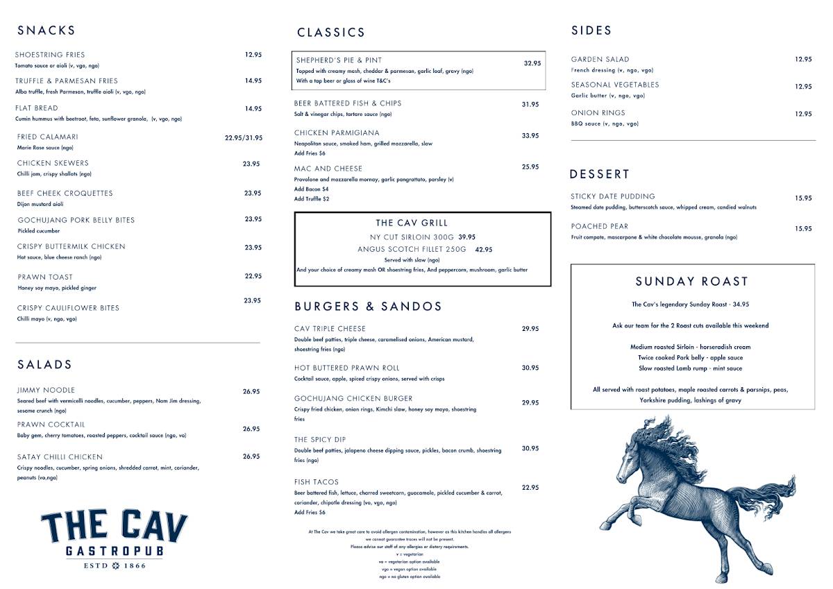 Menu at The Cav pub & bar, Auckland