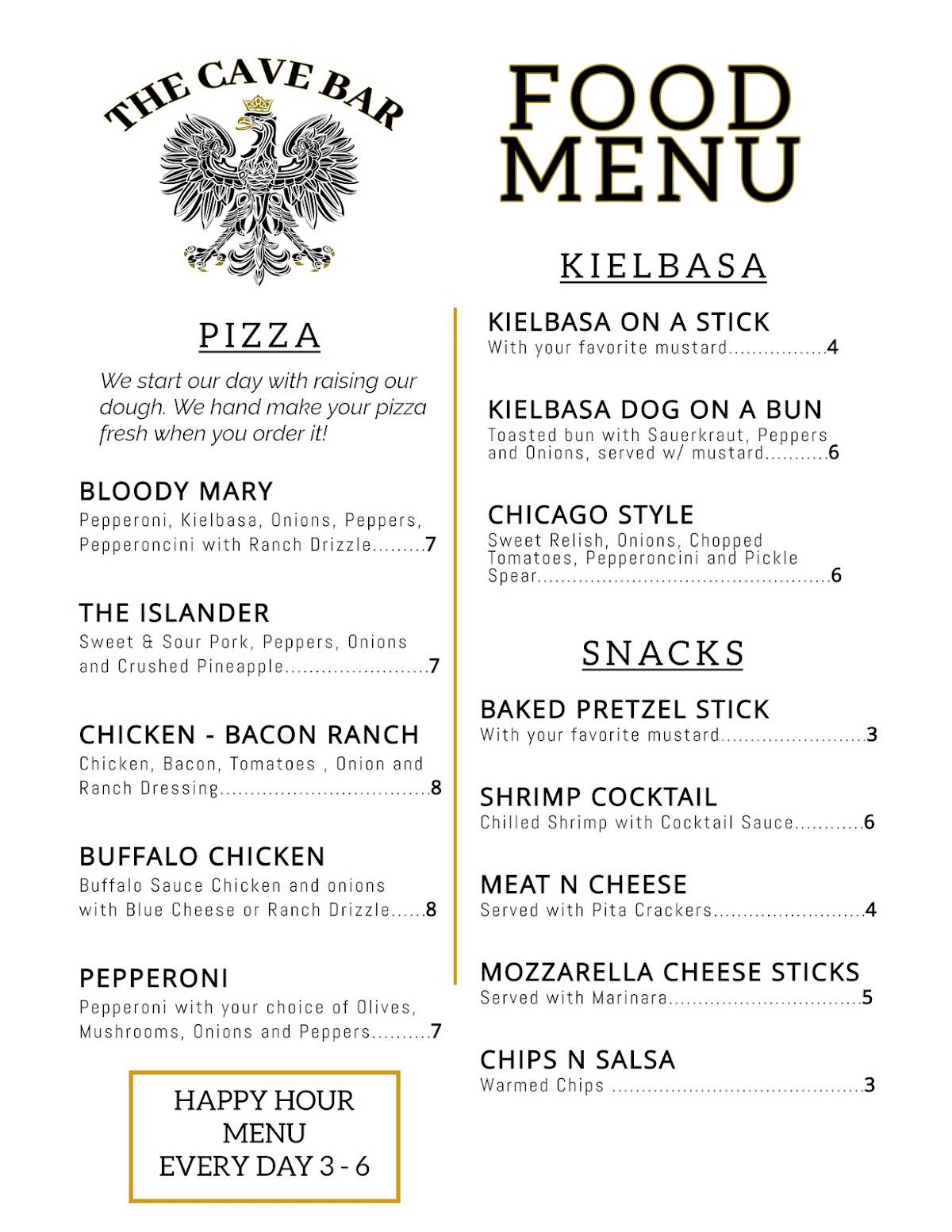 Menu at The Cave Bar at the Polish Club, Aberdeen