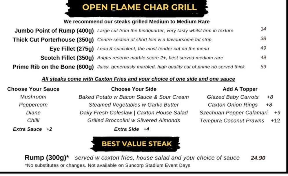 Menu at The Caxton Hotel pub & bar, Petrie Terrace
