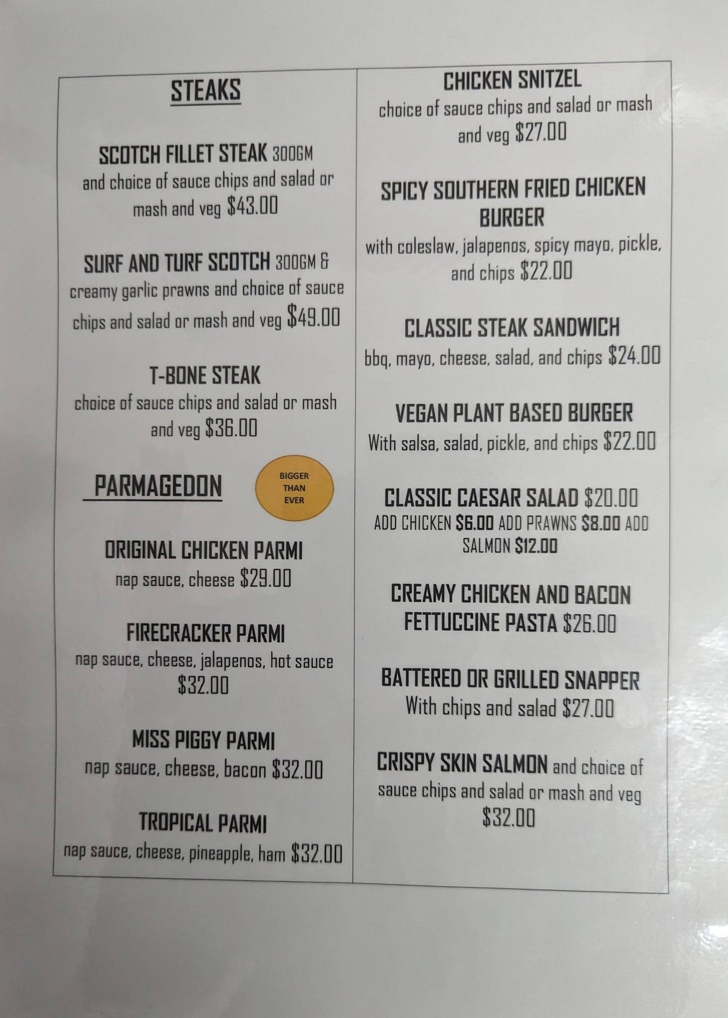 Menu at The Central Hotel restaurant, Leonora