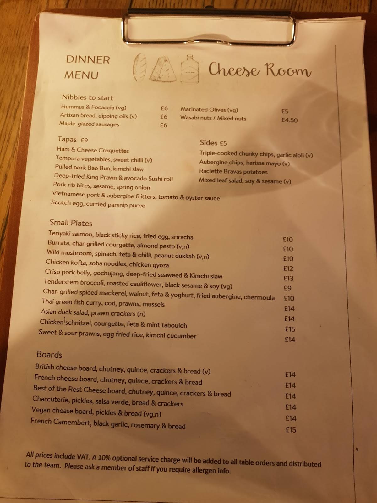 Menu at The Cheese Room Botanicals restaurant, Rochester