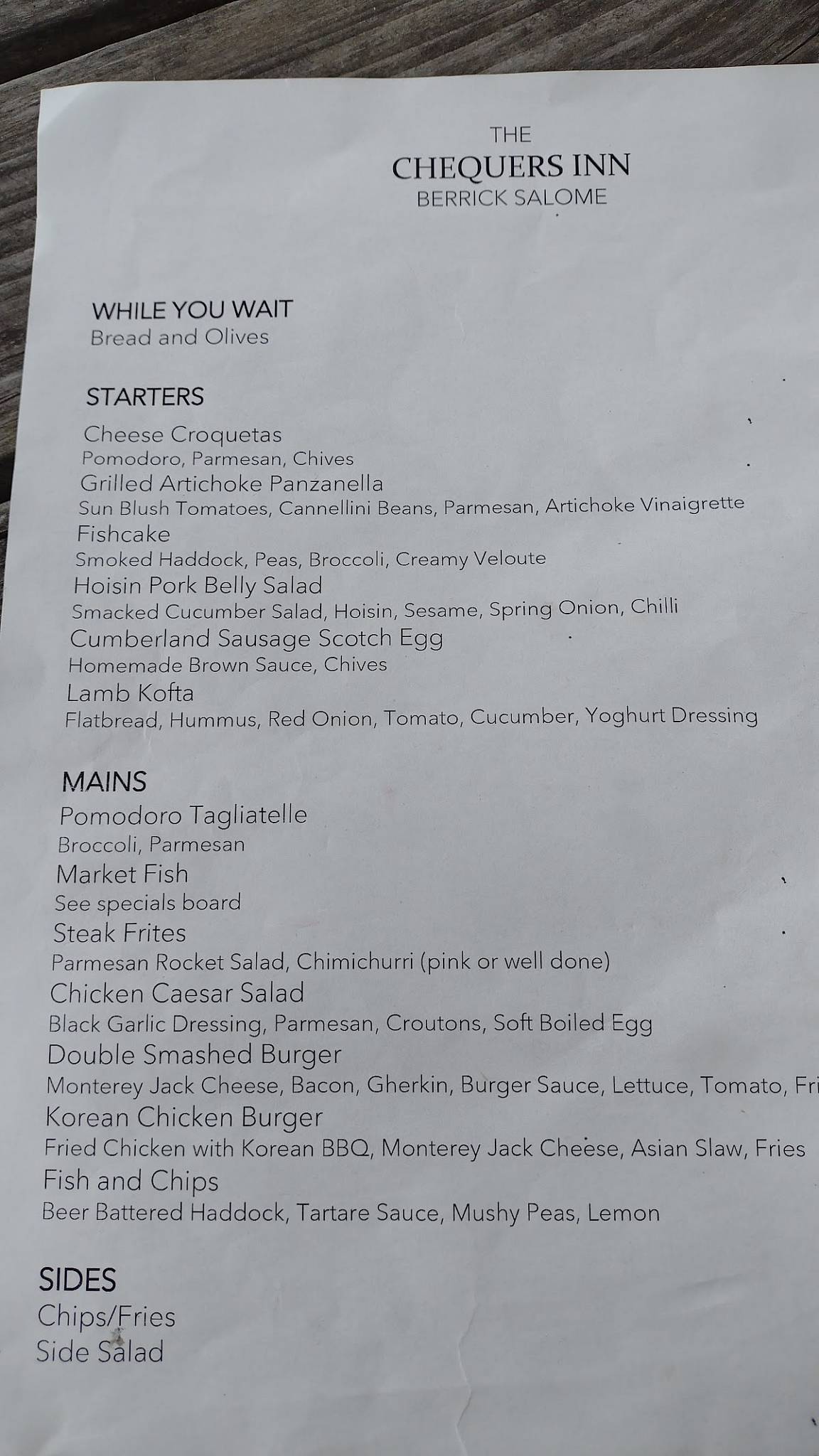 Menu at The Chequers Inn pub & bar, Wallingford, Berrick Salome