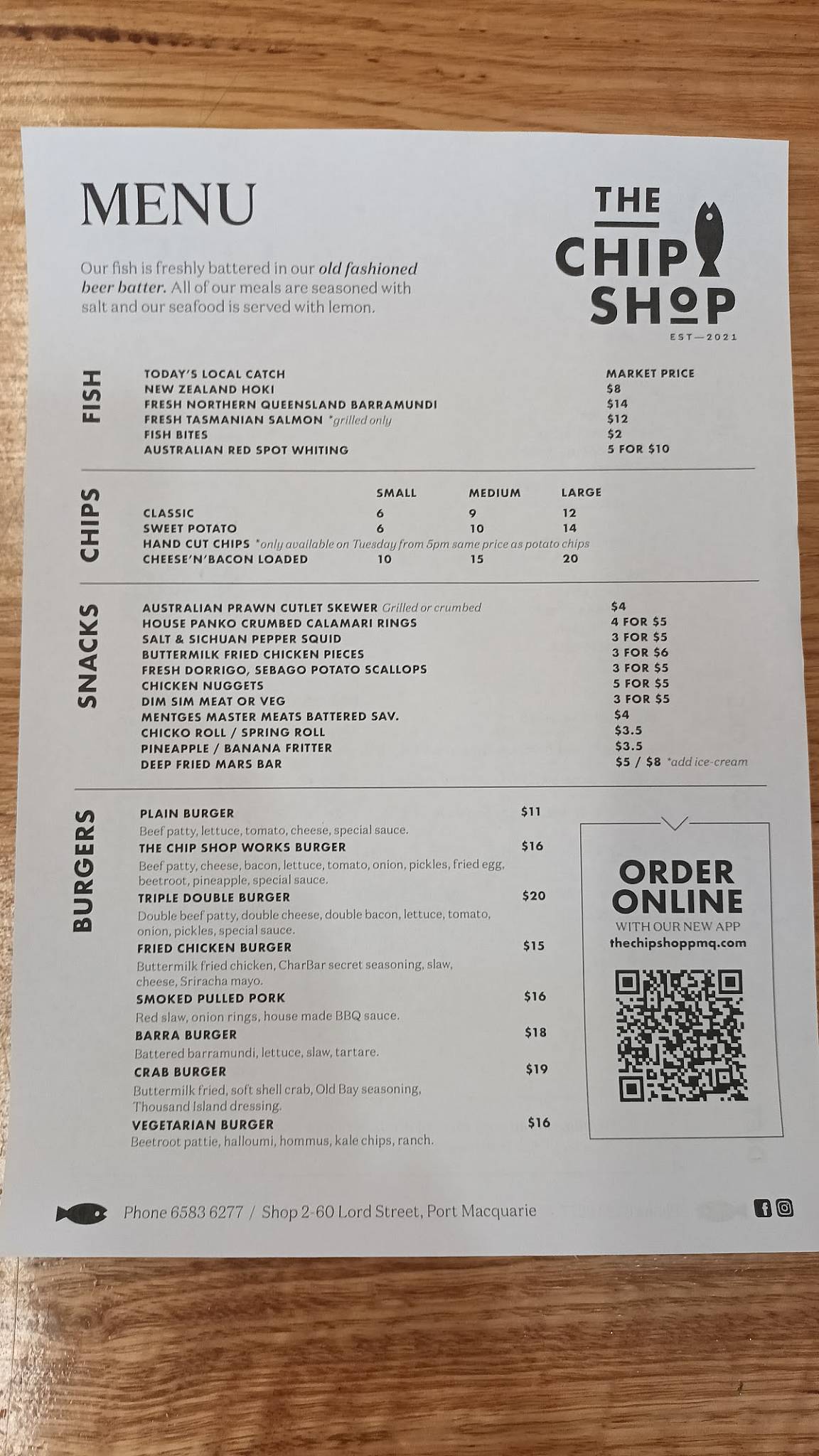 Menu at The Chip Shop restaurant, Port Macquarie