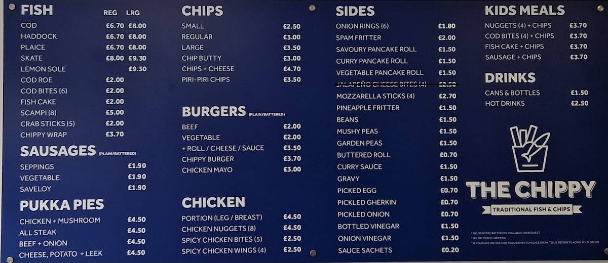 Menu at The Chippy restaurant, Lowestoft