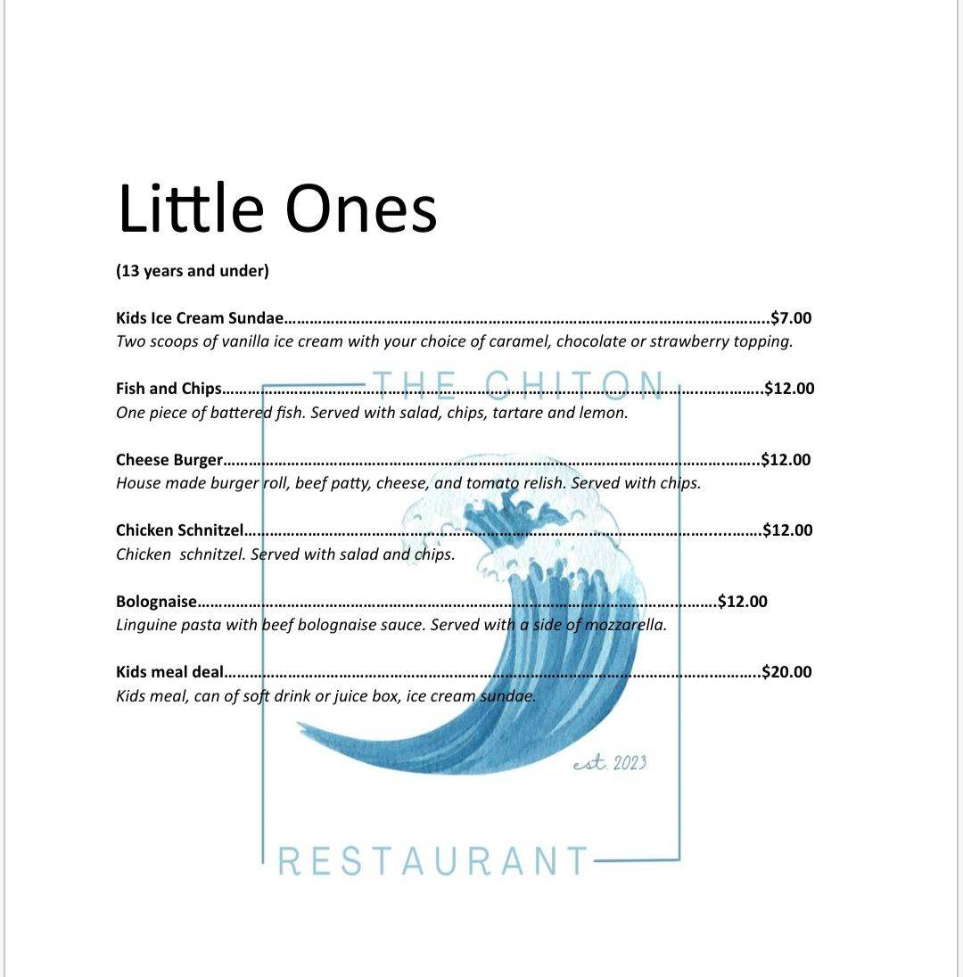 Menu at The Chiton Restaurant, Australia