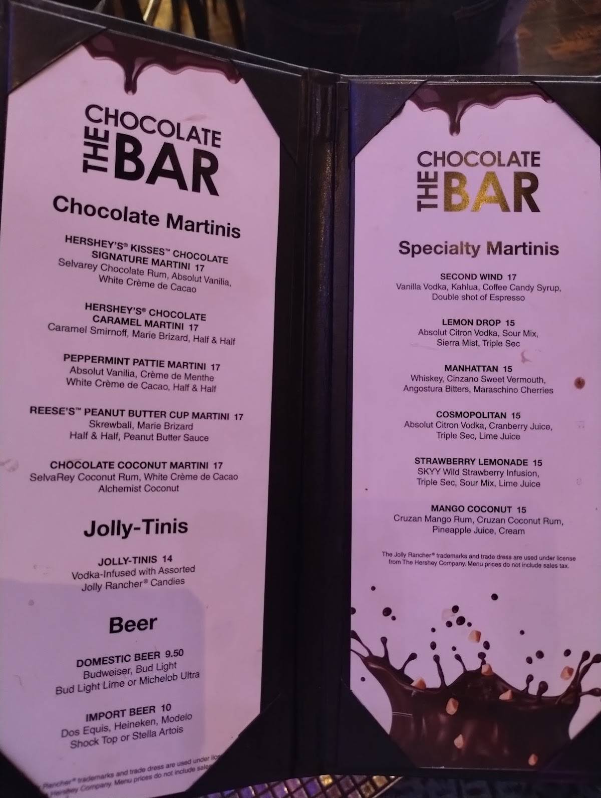 Menu at The Chocolate Bar, Las Vegas, S Las Vegas Blvd