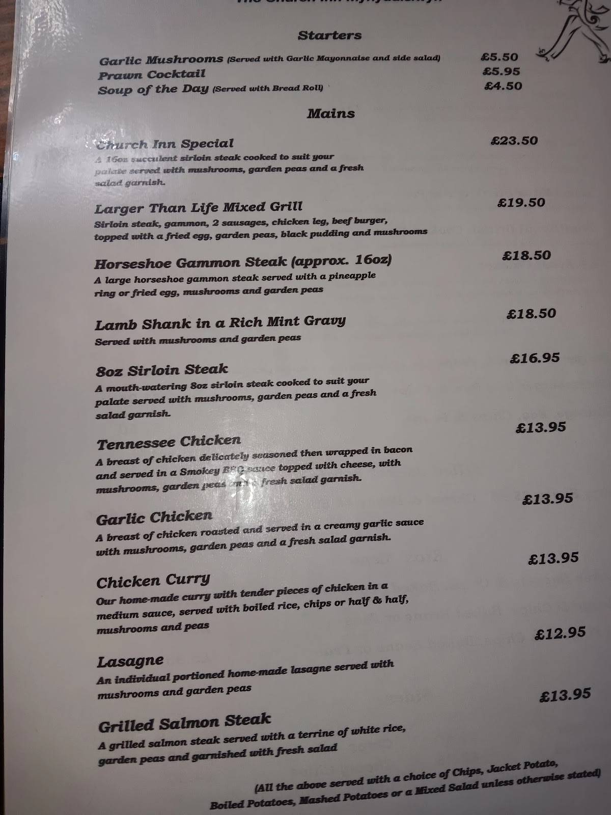 Menu at The Church Inn Mynyddislwyn pub & bar, Blackwood