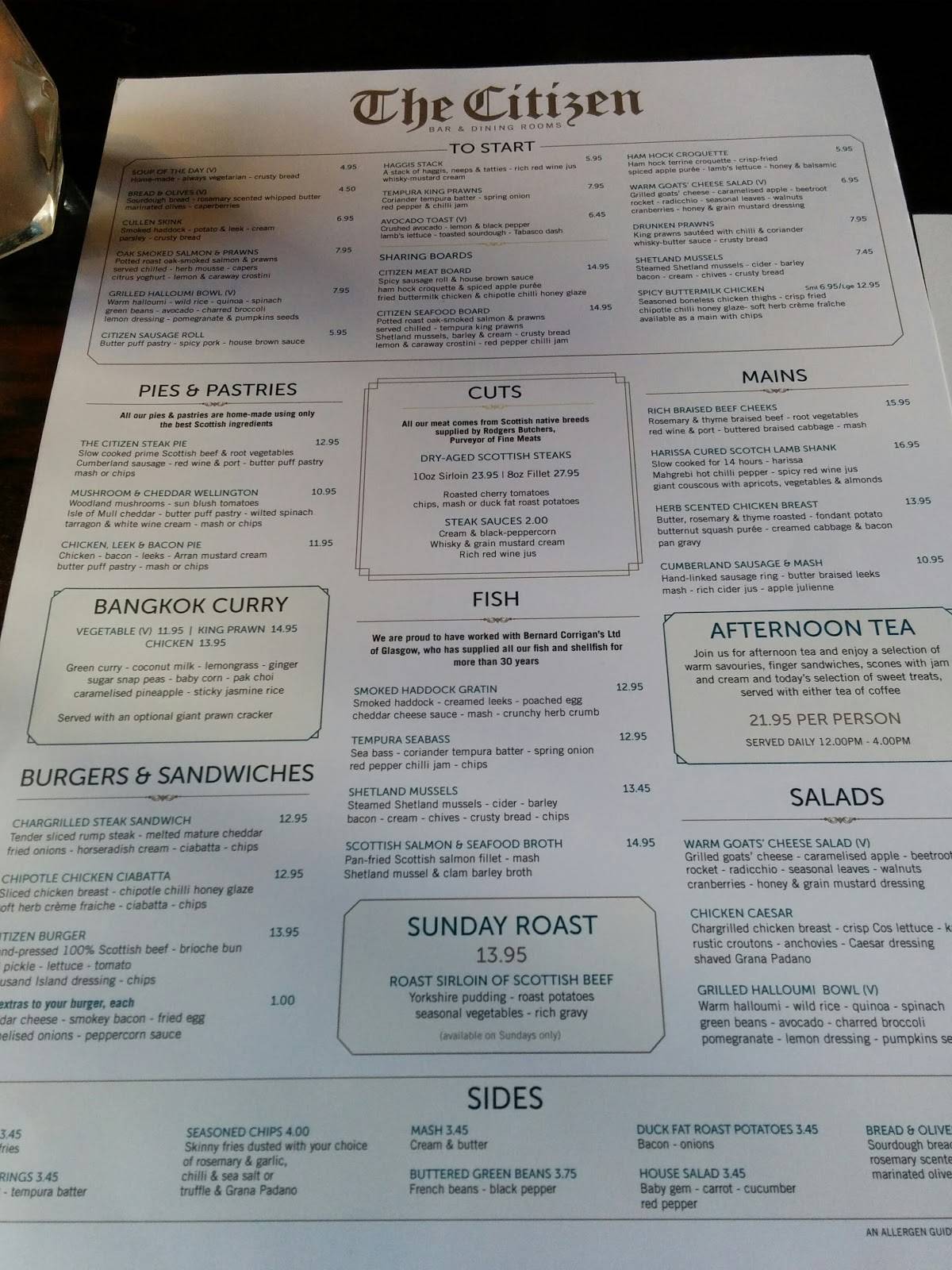 Menu at The Citizen Glasgow restaurant, Glasgow