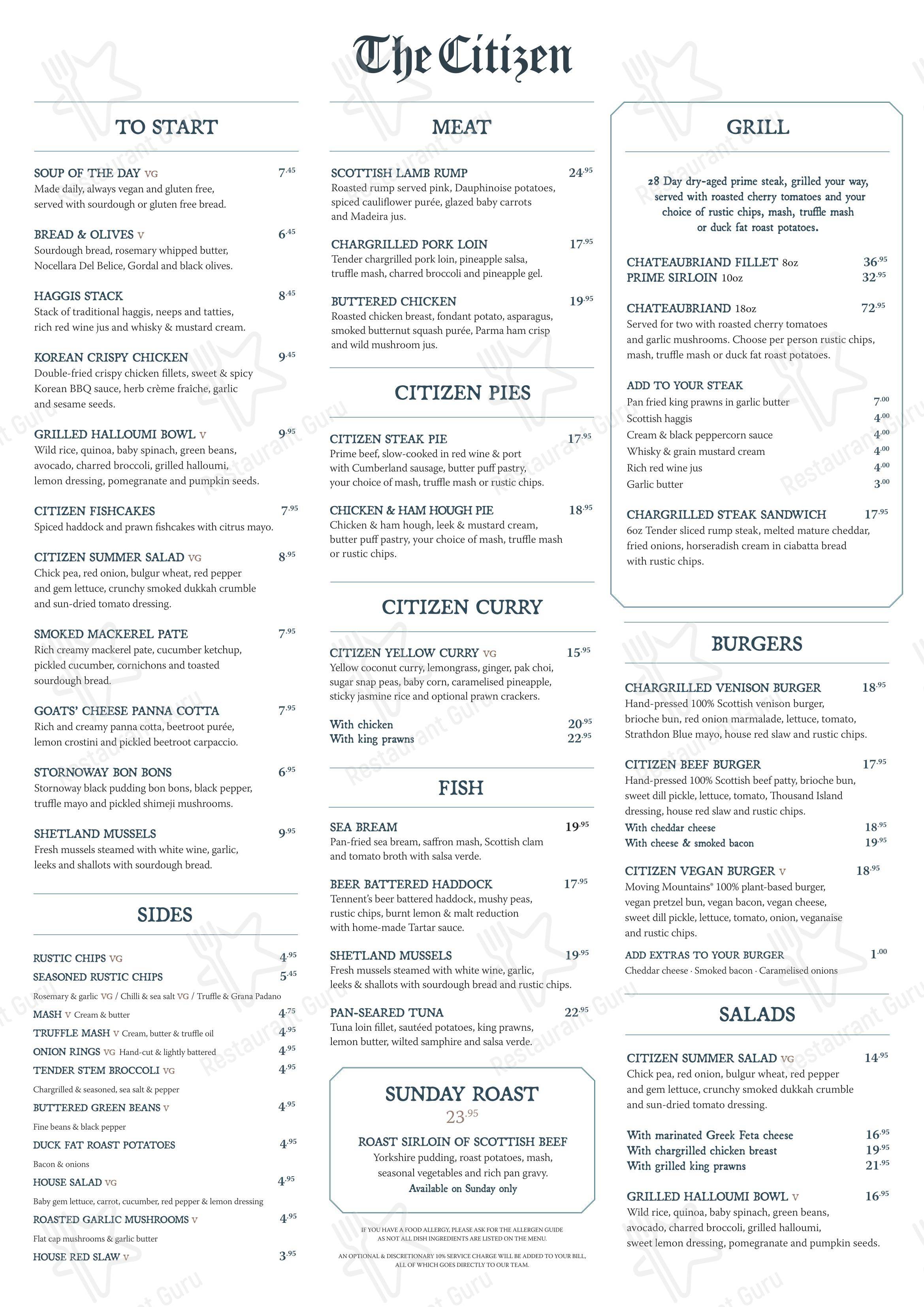 Menu at The Citizen Glasgow restaurant, Glasgow