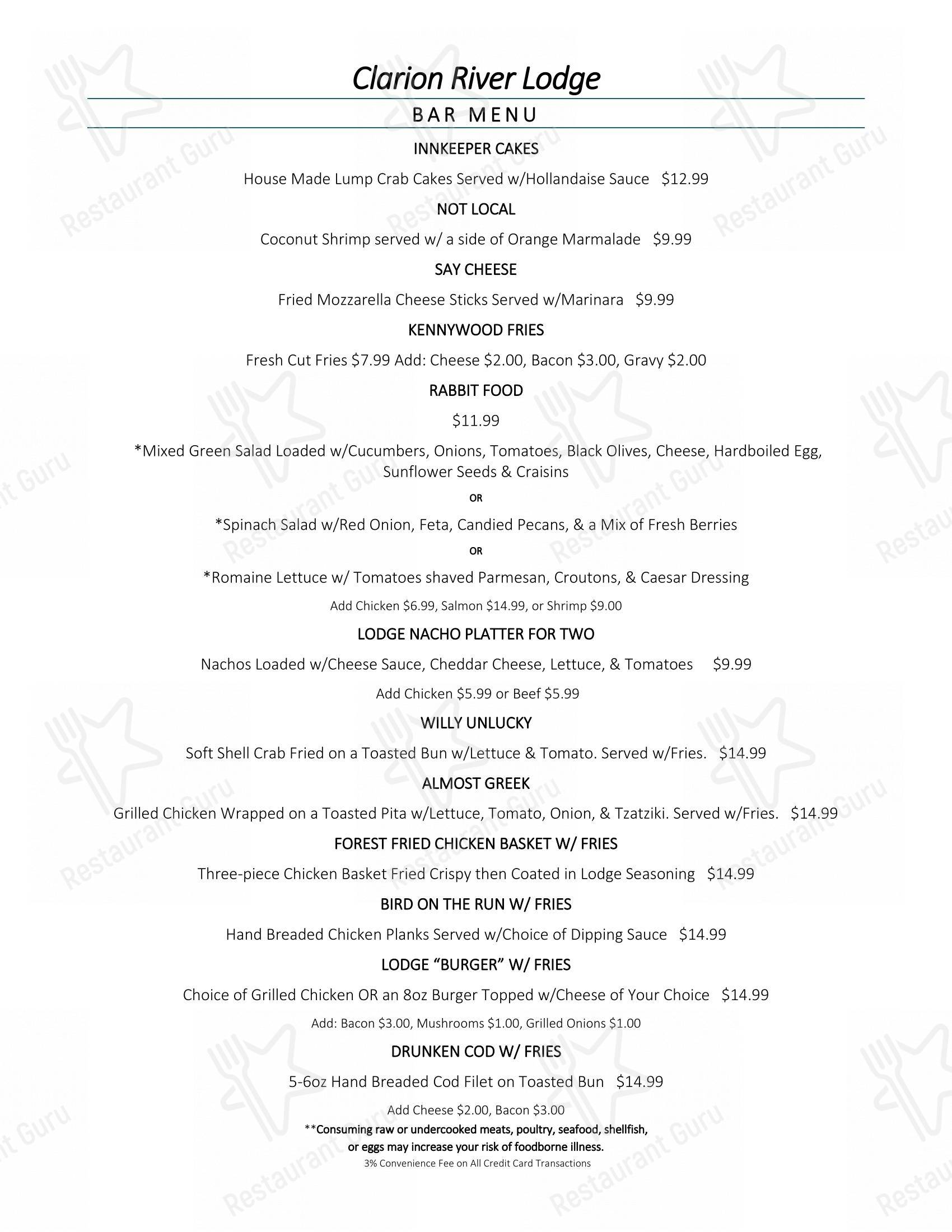 Menu at The Clarion River Lodge pub & bar, Cooksburg