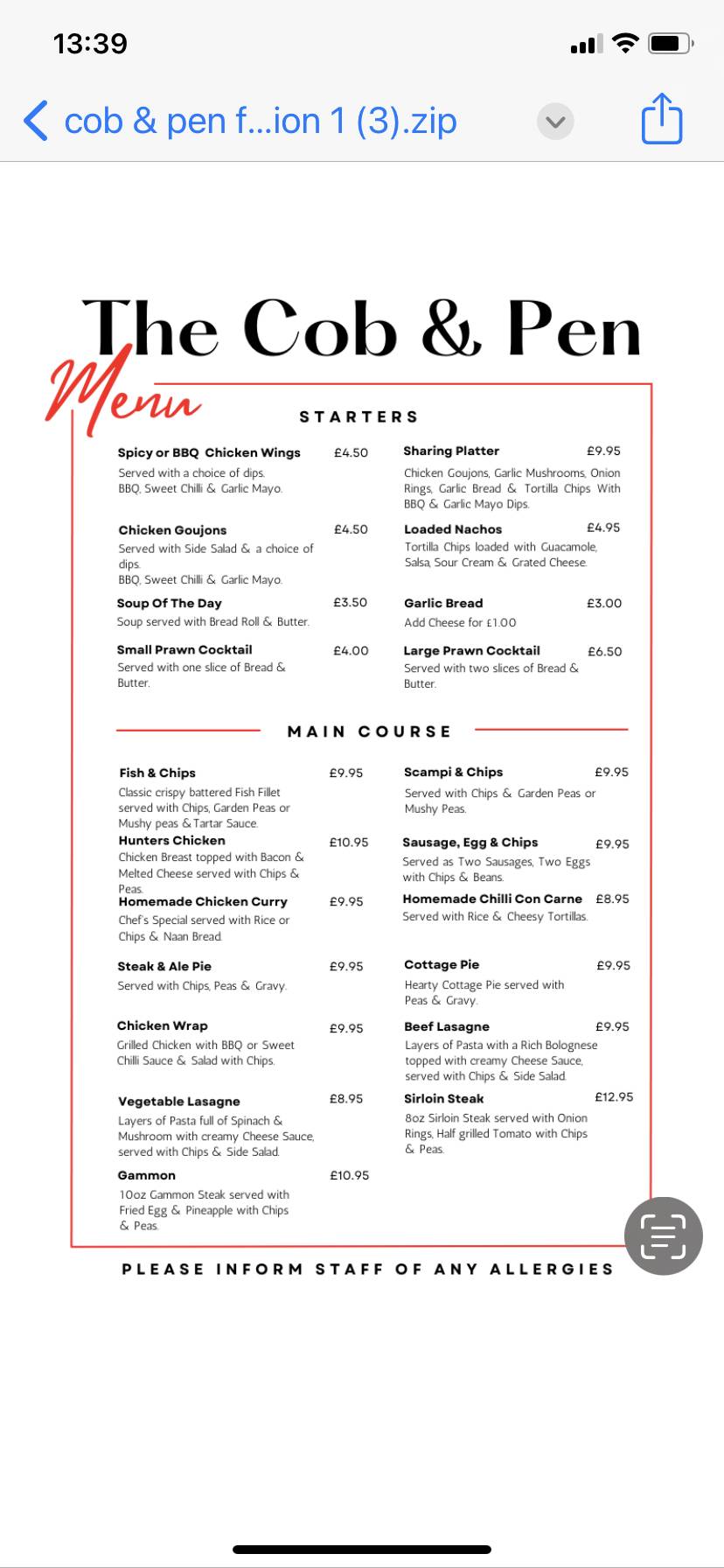 Menu at The Cob & Pen pub & bar, Rhyl