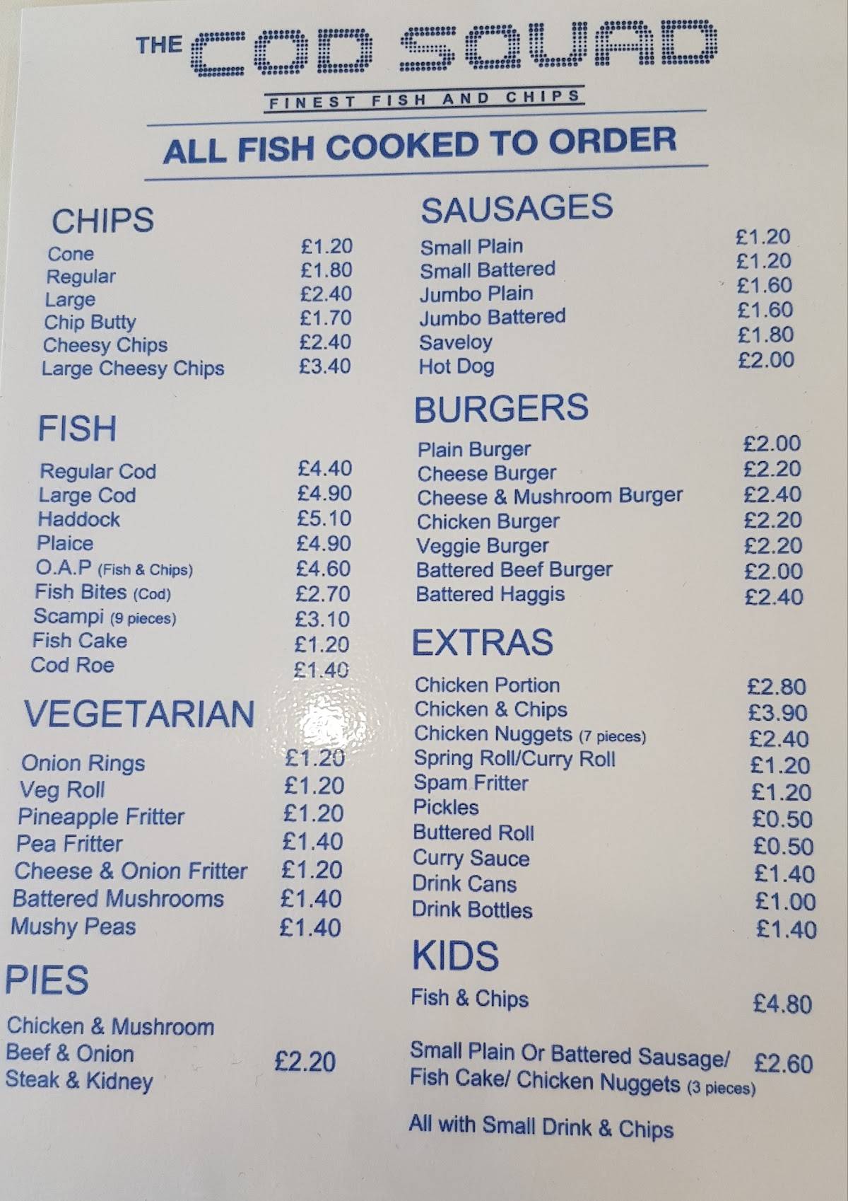 Menu at The Cod Squad restaurant, Portsmouth
