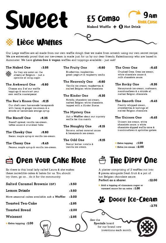 Menu at The Community Waffle House cafe, Axminster