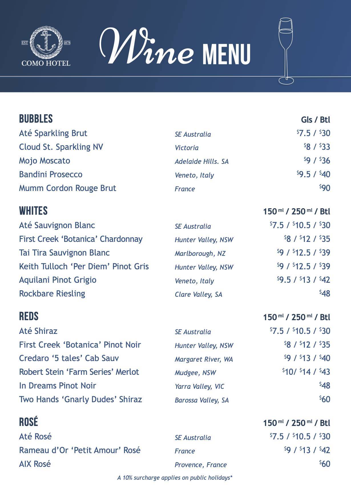 Menu at The Historic Como Hotel pub & bar, Como