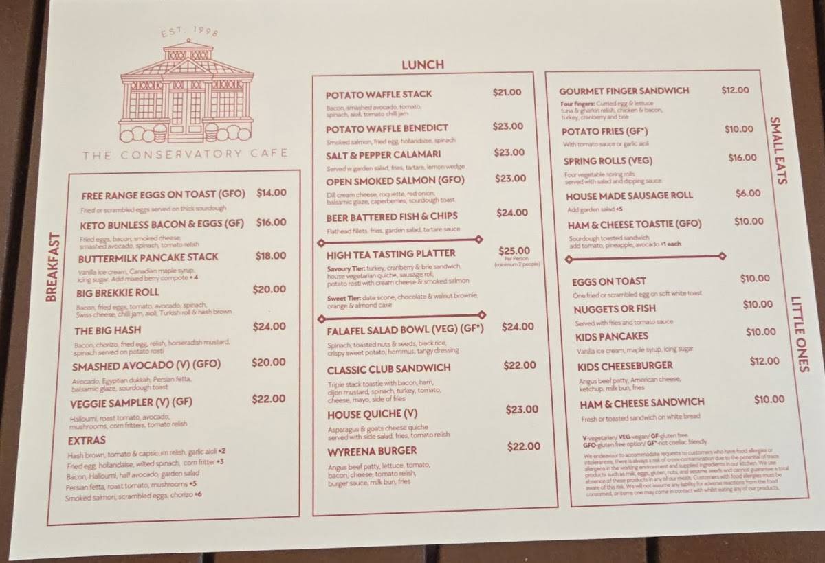 Carta de The Conservatory Cafe, Croydon