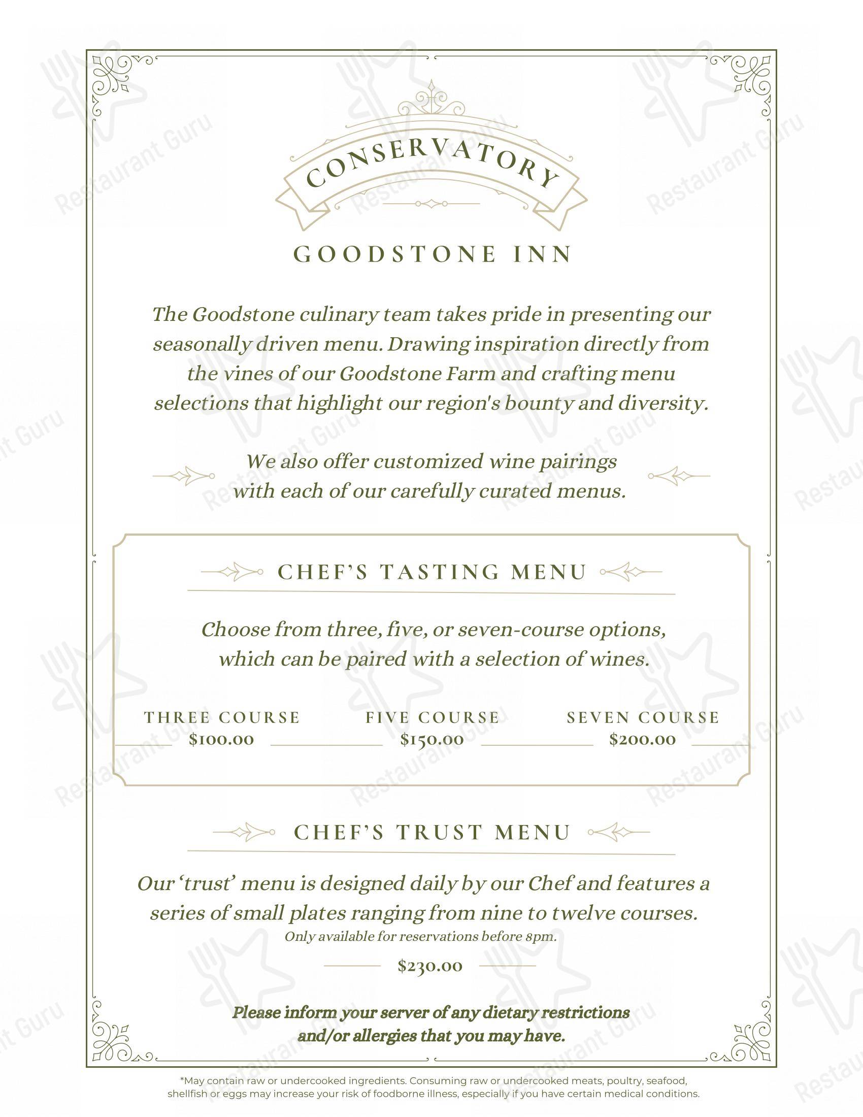 Menu at The Conservatory at Goodstone Inn restaurant, Middleburg