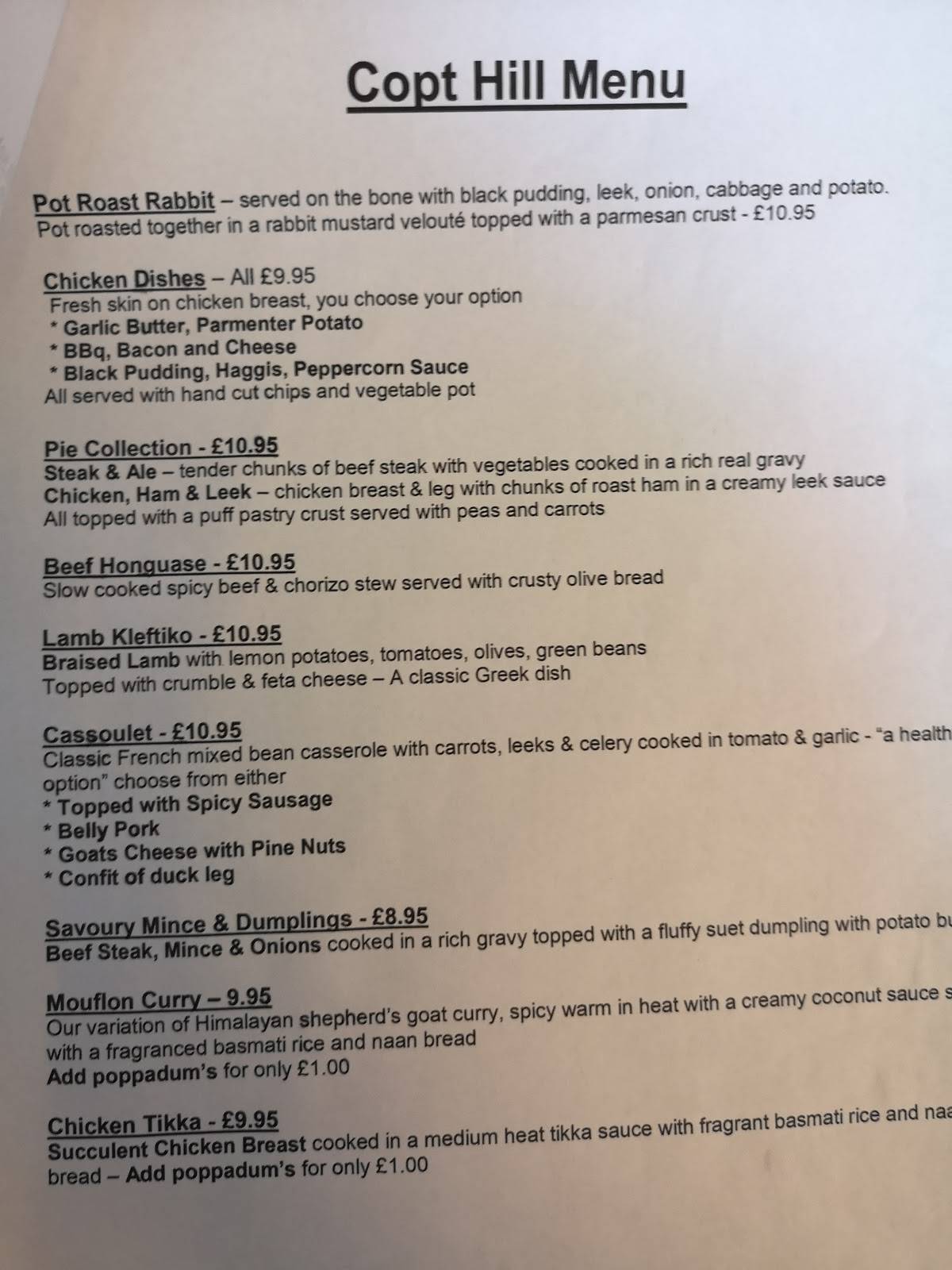 Menu at The Copt Hill Country Inn pub & bar, Houghton le Spring