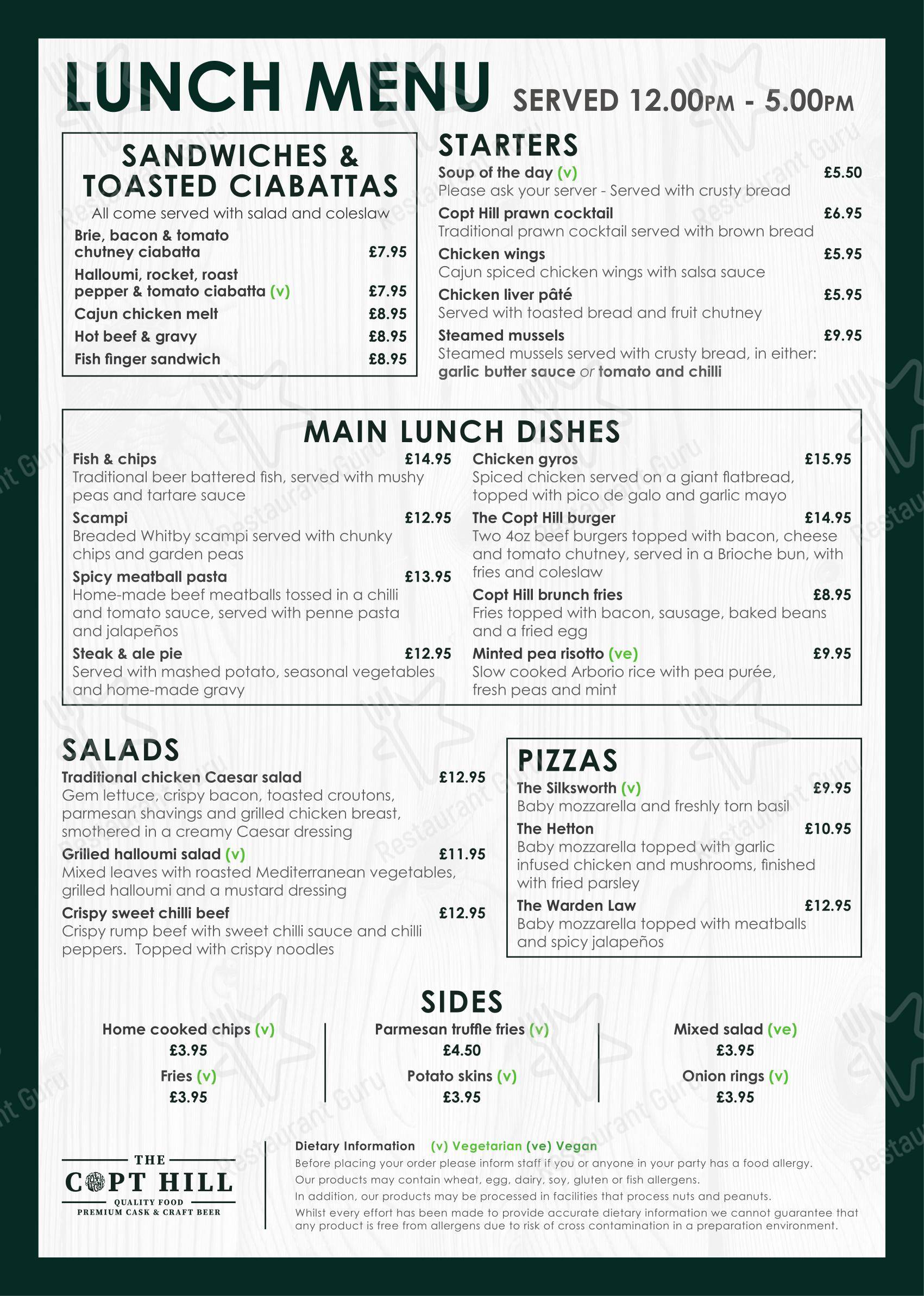 Menu at The Copt Hill Country Inn pub & bar, Houghton le Spring