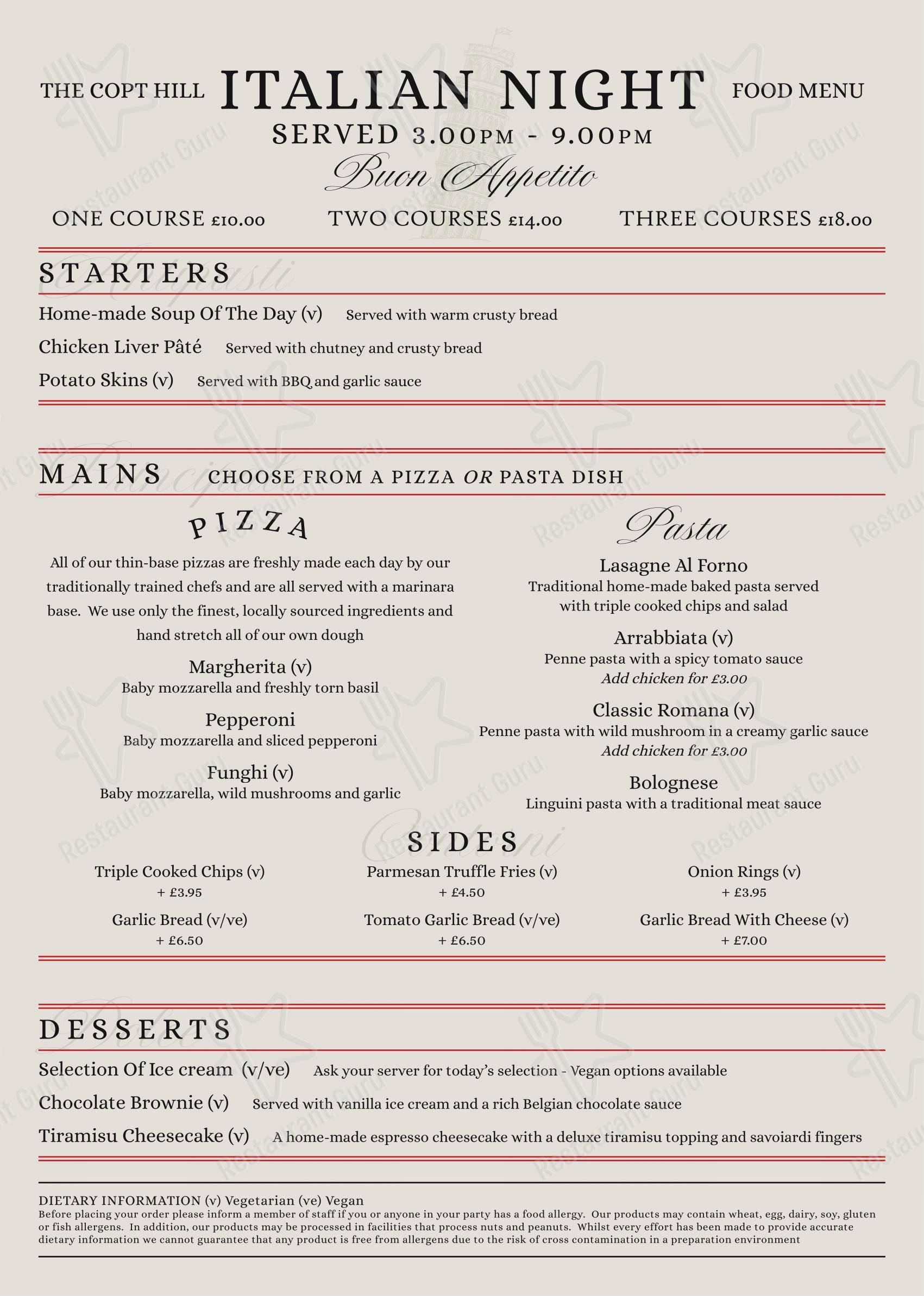Menu at The Copt Hill Country Inn pub & bar, Houghton le Spring