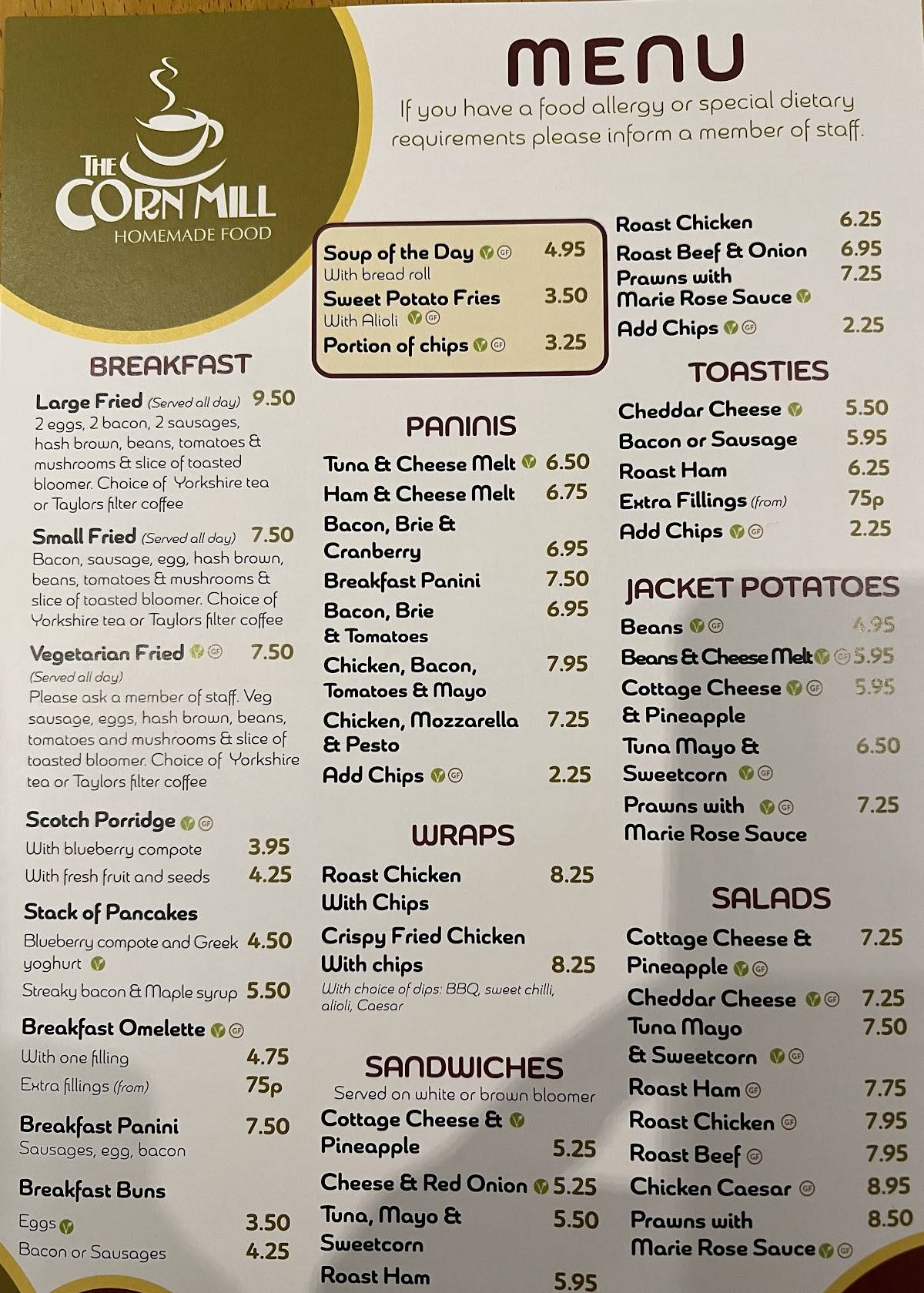 Menu at The Corn Mill cafe, Poulton-le-Fylde, 1 Chapel St Ct